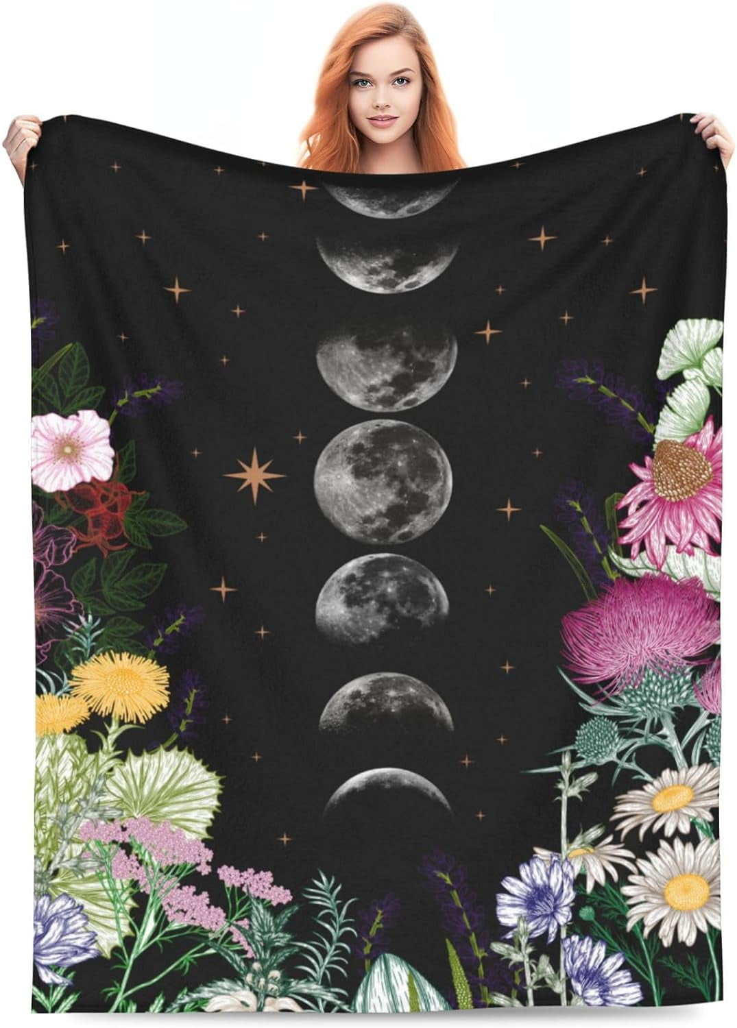 Moonlit Garden Throw Blanket Moon Phase Surrounded by Flowers Black ...