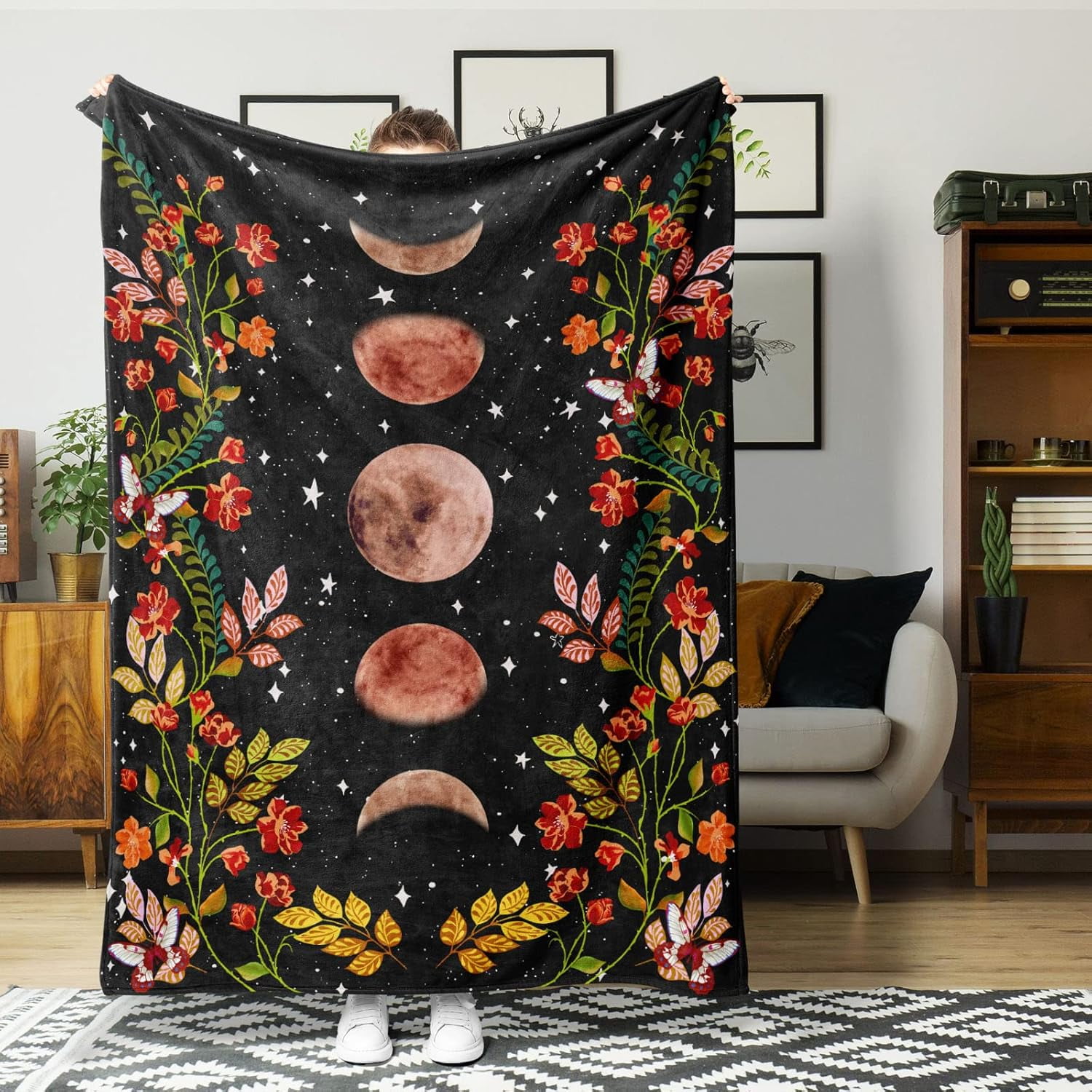 Moonlit Garden Throw Blanket, Moon Phase Surrounded by Vines and ...