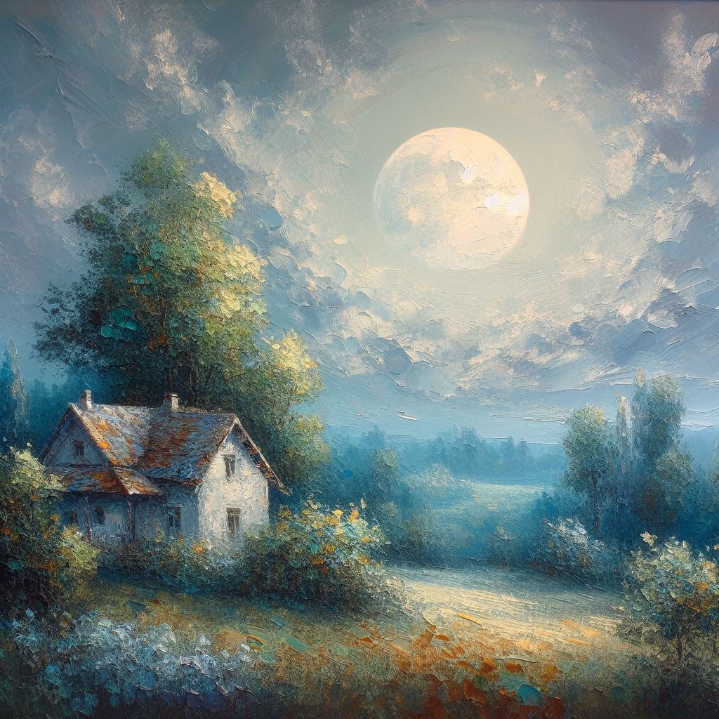 Moonlit House Oil Painting - 12" x 18" Art Print Wall Decor - Walmart.com