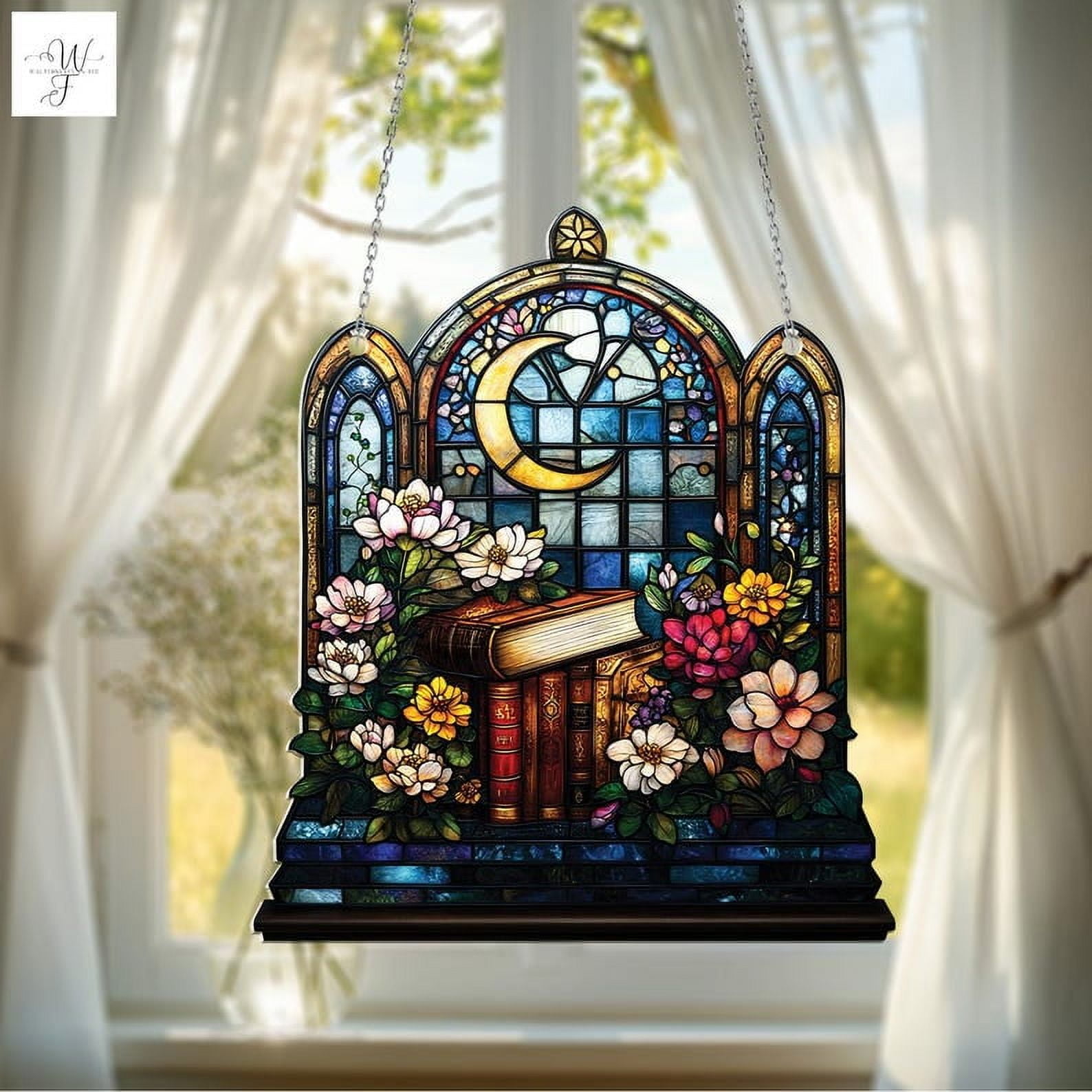 Moonlit Library Acrylic Window Hanging ,Elegant Stained Glass ...