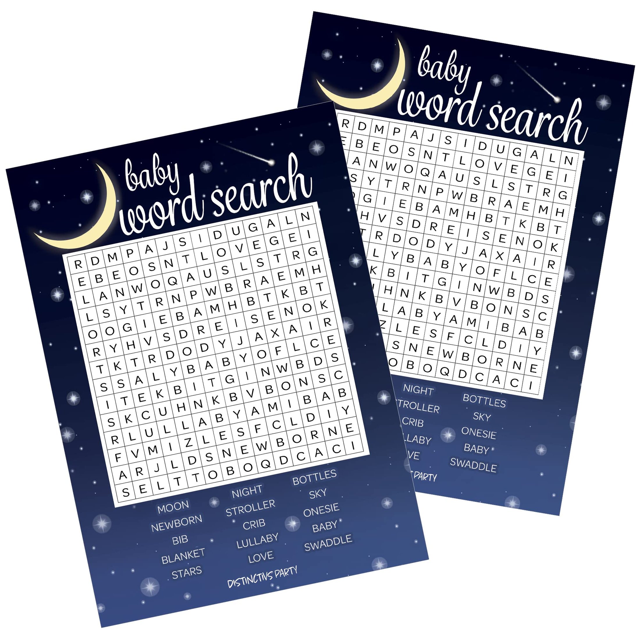 Moonlit Love Baby Shower Word Search Game - 20 Player Cards for Twinkle ...