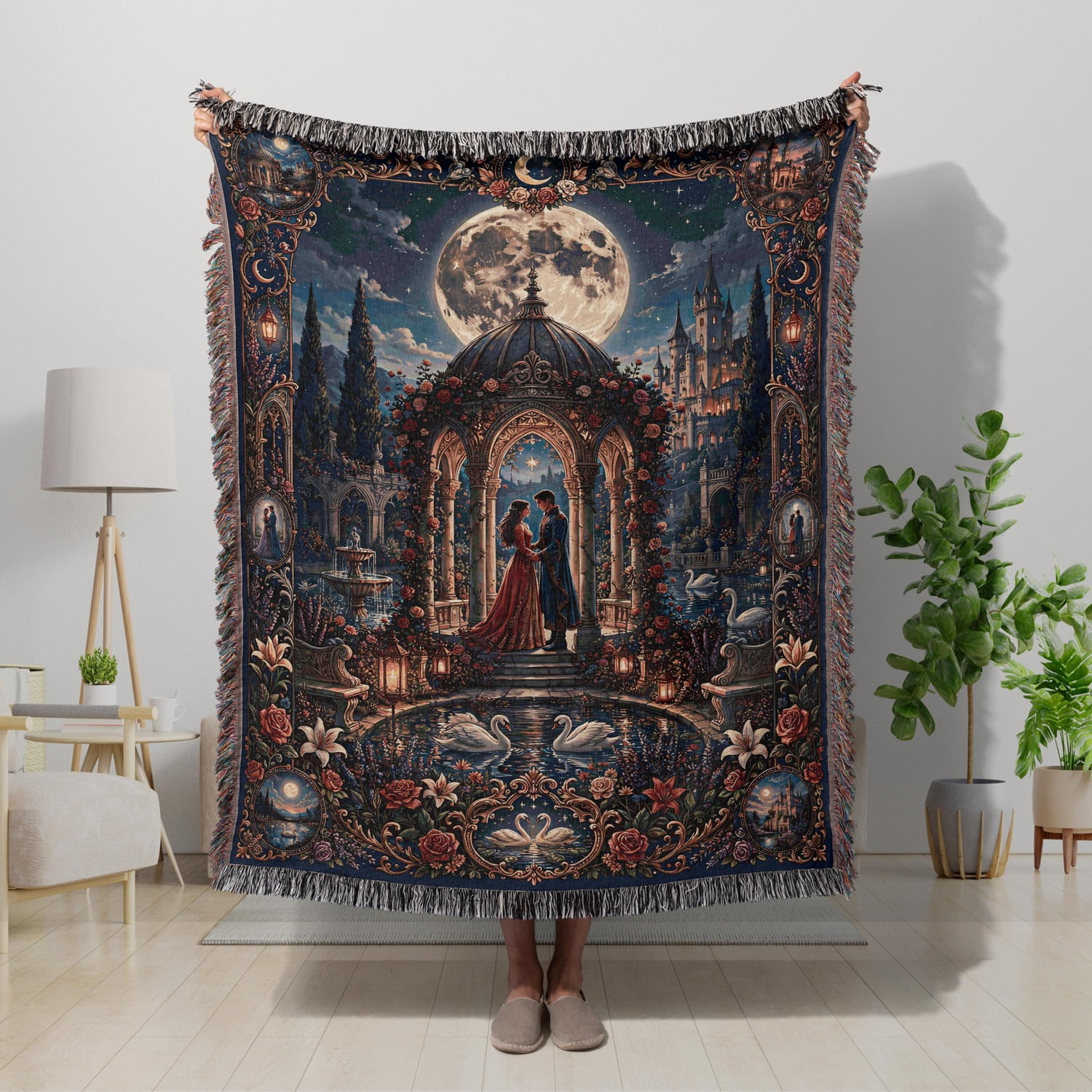 Moonlit Medieval Castle Woven Throw Blanket, Cotton with Fringed Edges ...