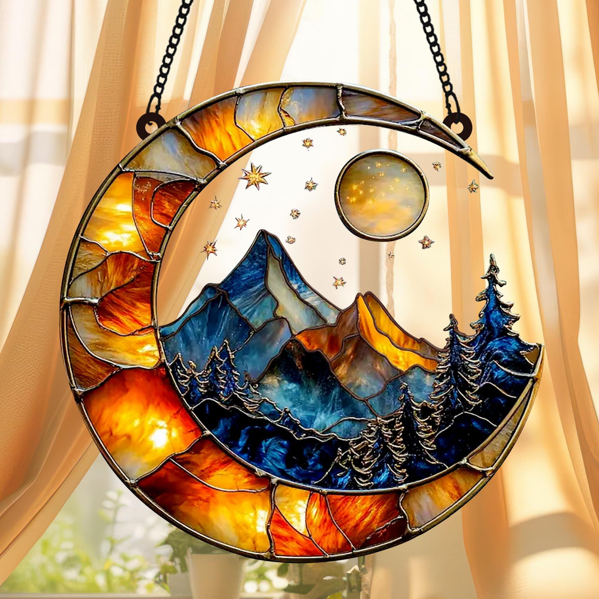 Moonlit Mountain Acrylic Suncatcher, Faux Stained Glass Night Sky ...