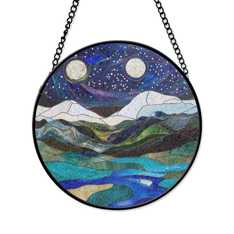 Moonlit Mountain Landscape Stained Glass Window Hanging, Celestial ...