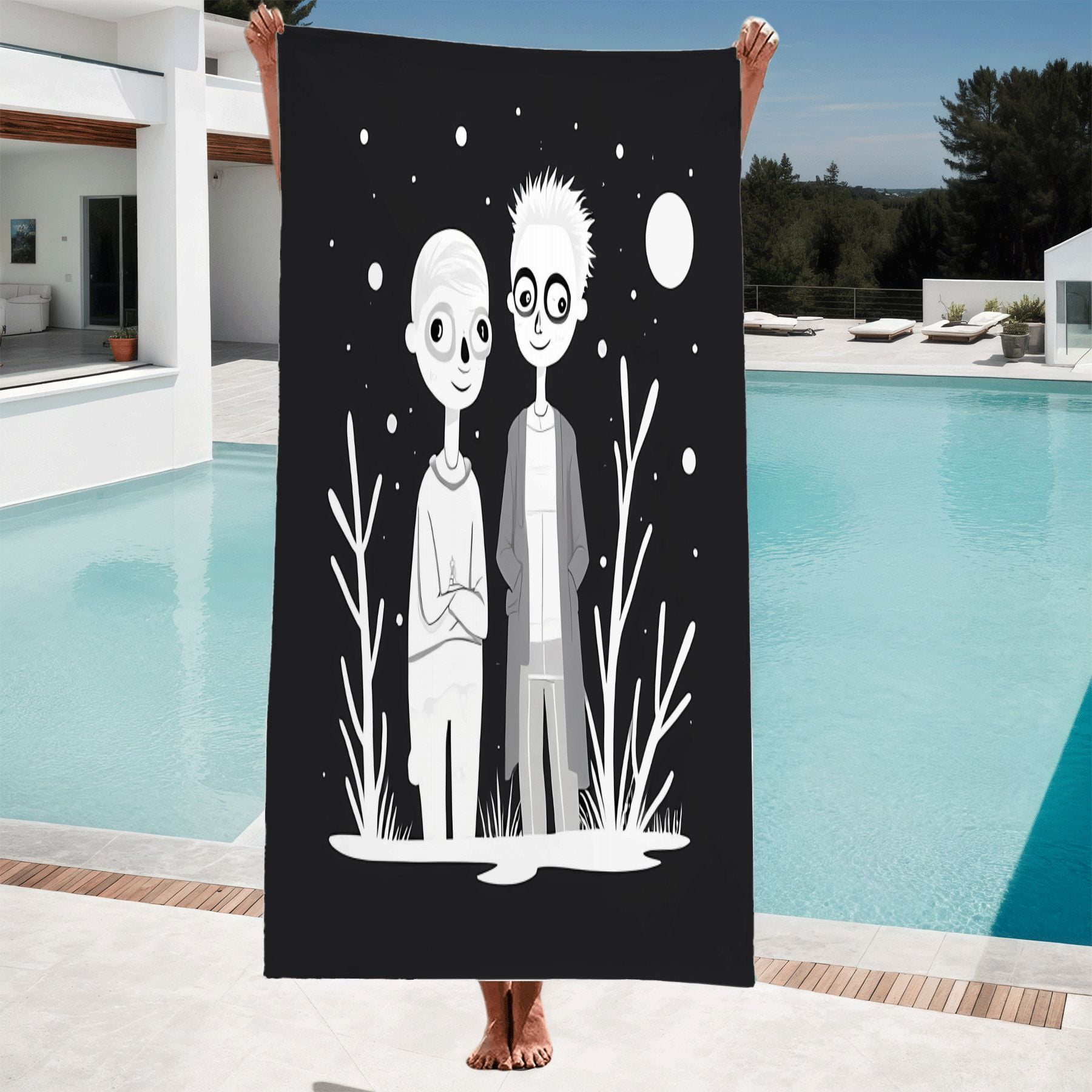 Moonlit Night Cartoon Characters Beach Towel - Fun Design with Spiky ...