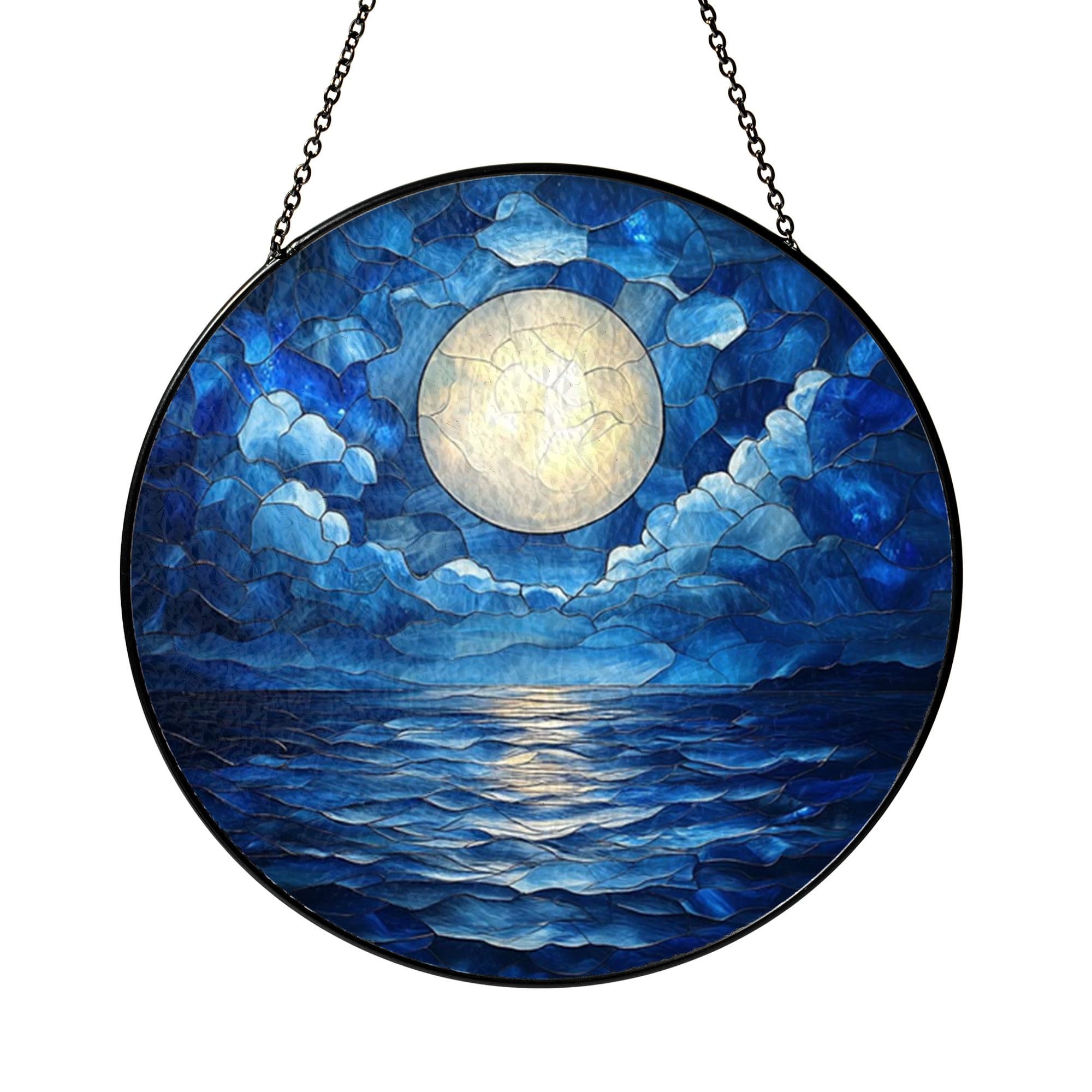 Moonlit Ocean Stained Glass Window Hanging – Coastal Landscape Decor ...