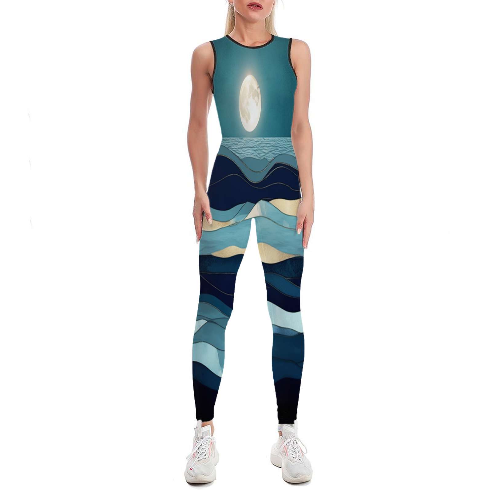 Moonlit Ocean Waves Art Print Women's One Piece Yoga Jumpsuits Leggings ...