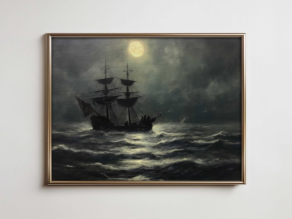 Moonlit Pirate Ship Print, Gothic Nautical Wall Art Home Decor #2817 ...