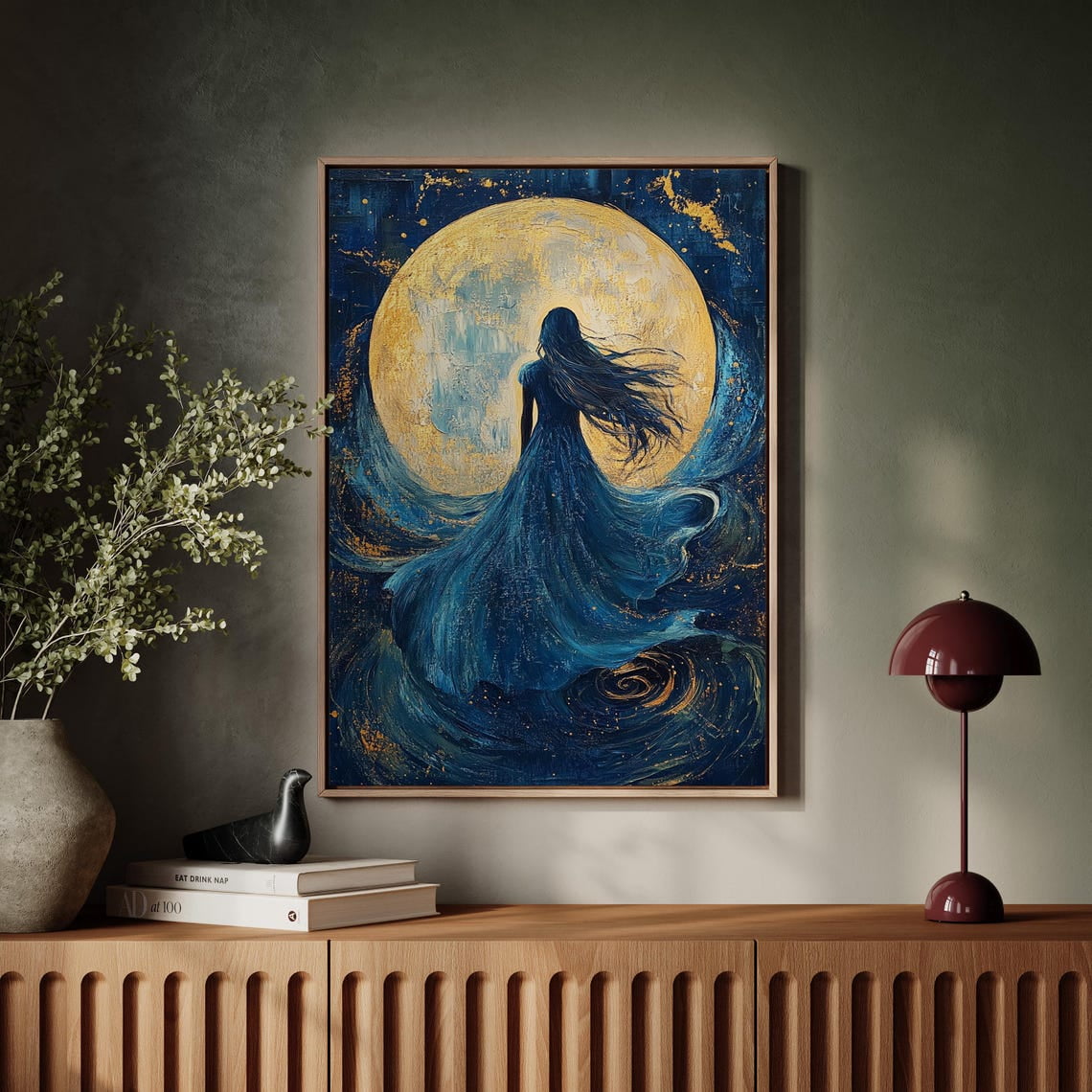 Moonlit Silhouette Art - Elegant Woman In Flowing Dress Under Starry ...
