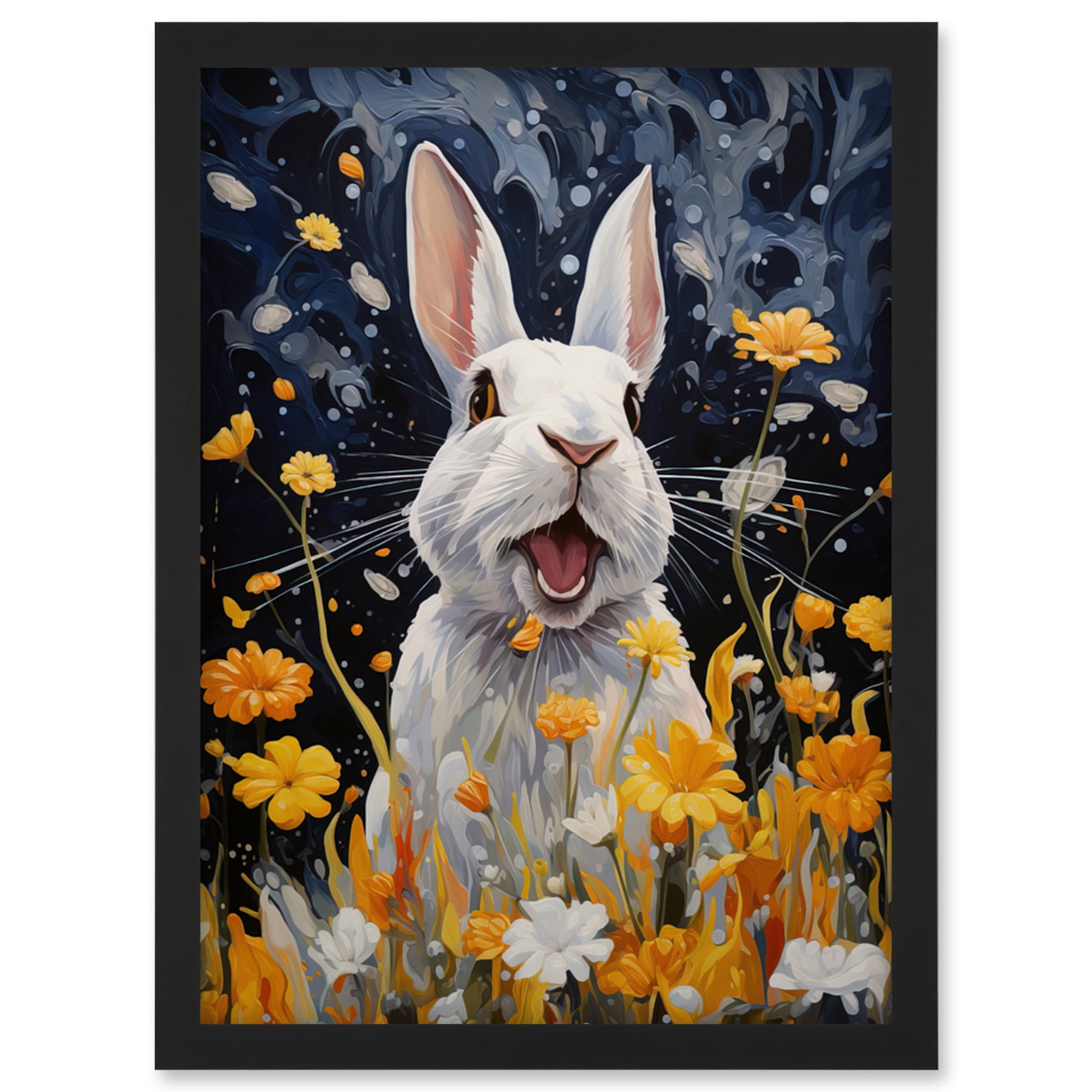 Moonlit White Rabbit Oil Painting Playing with Yellow Spring Flowers ...