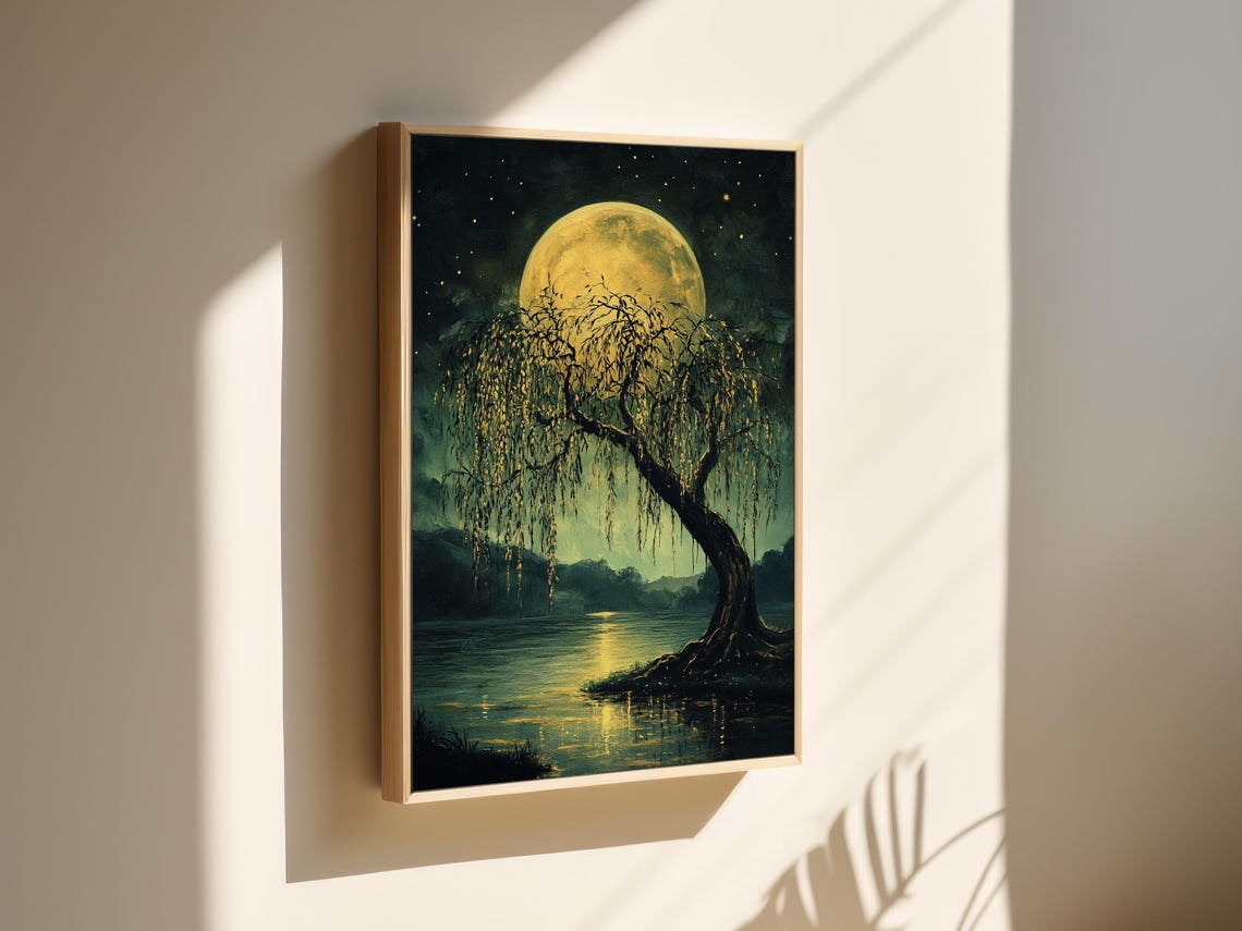 Moonlit Willow – Serene Nightscape With Weeping Tree And Full Moon ...