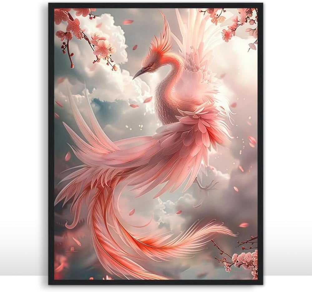 Moonow7 Chinese Phoenix Wall Art Print, Cherry Blossom and Fantasy Bird ...