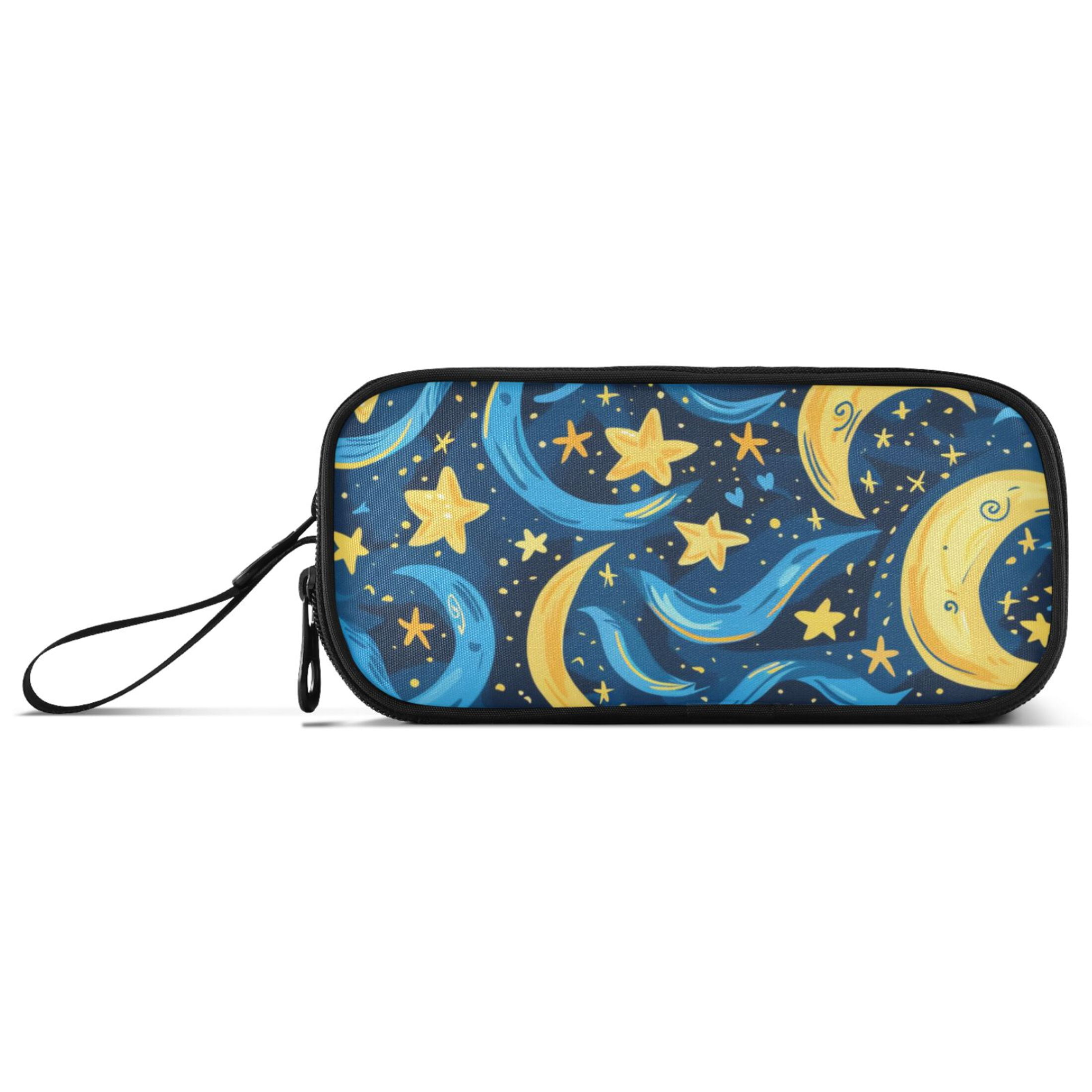 Moons Stars with Blue Wavy Lines Pencil Case Stationary Holder Pen Bag ...