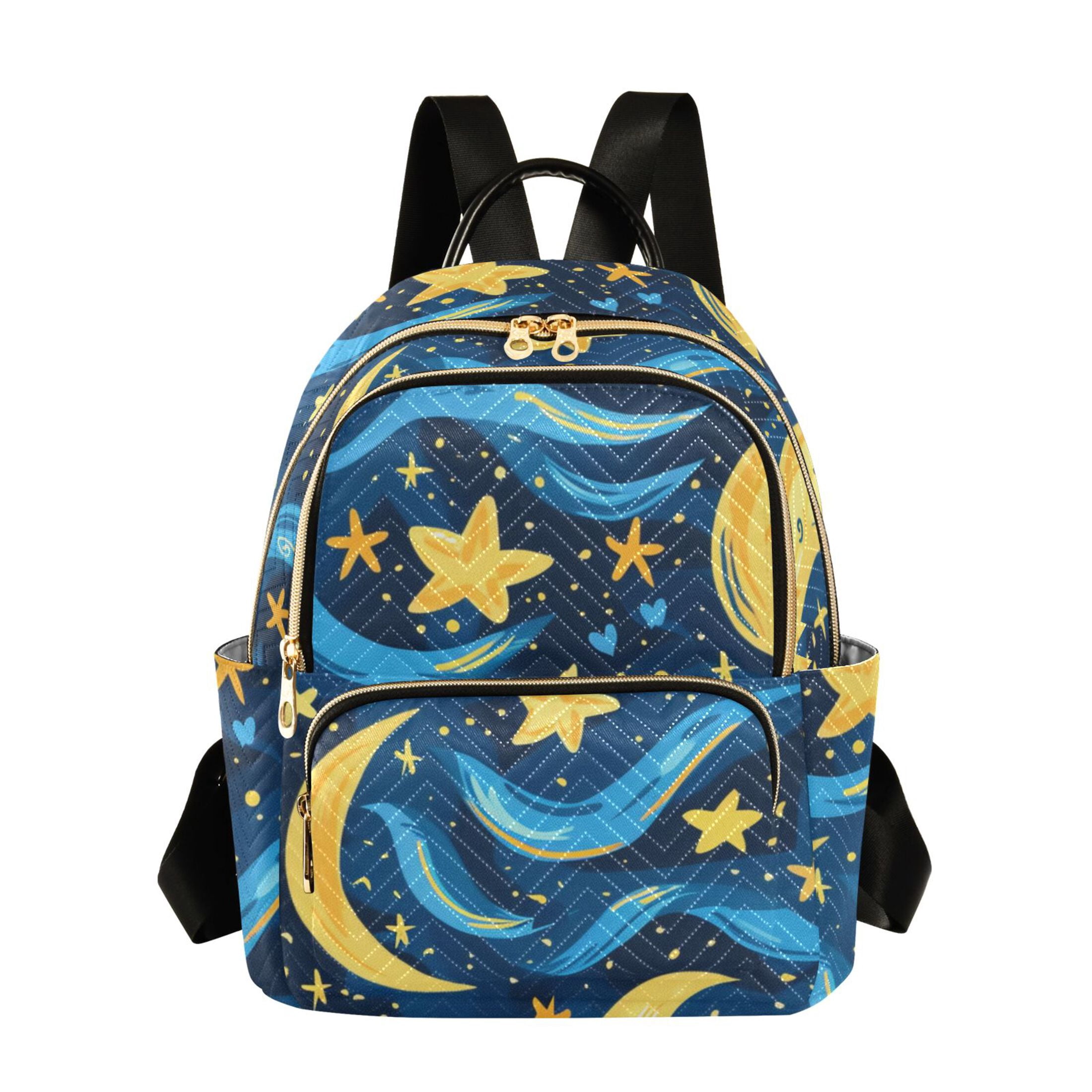 Moons Stars with Blue Wavy Lines Quilted Backpack Fashion Daypack ...
