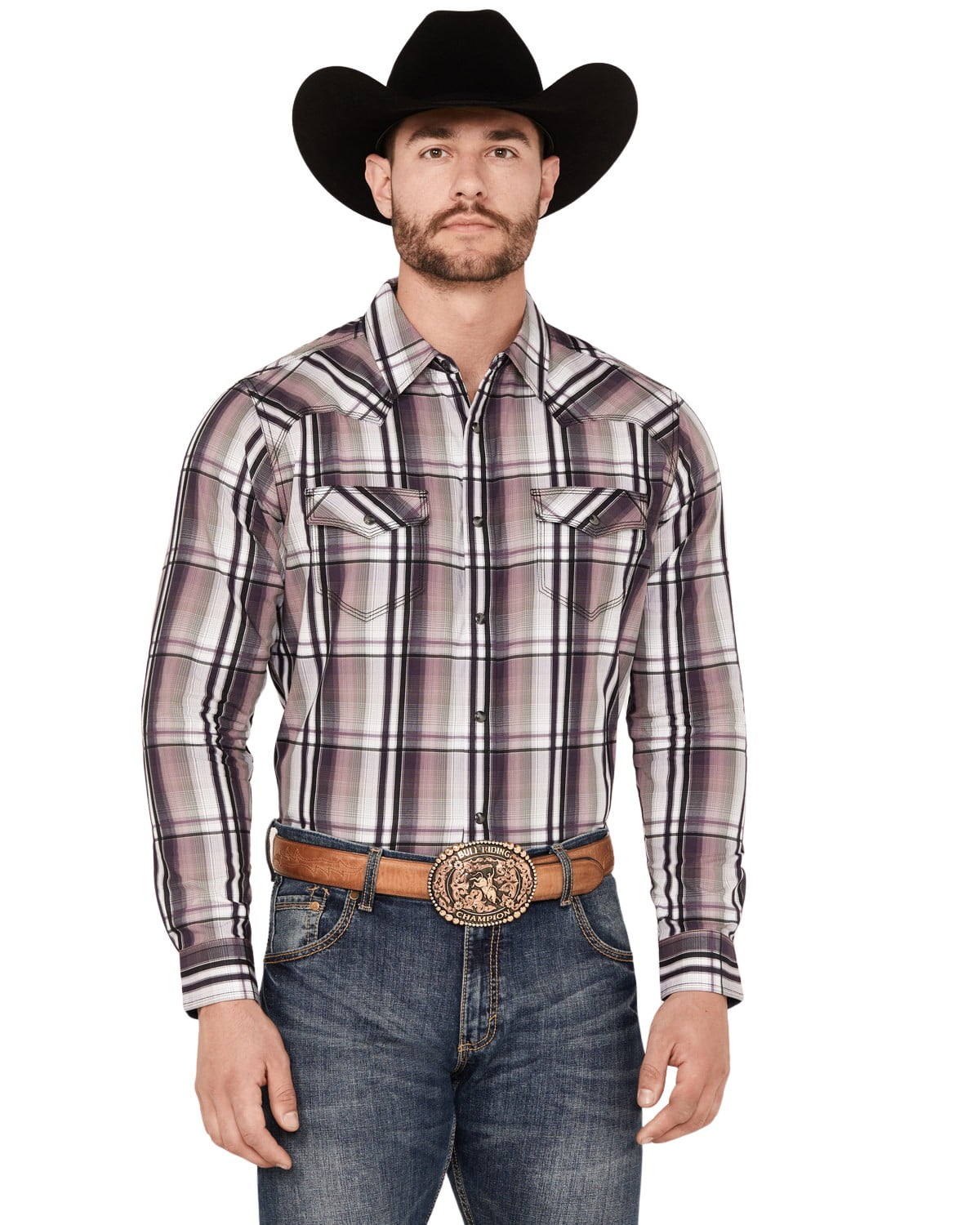 Moonshine Spirit Men's Back Stage Plaid Print Long Sleeve Snap Western ...