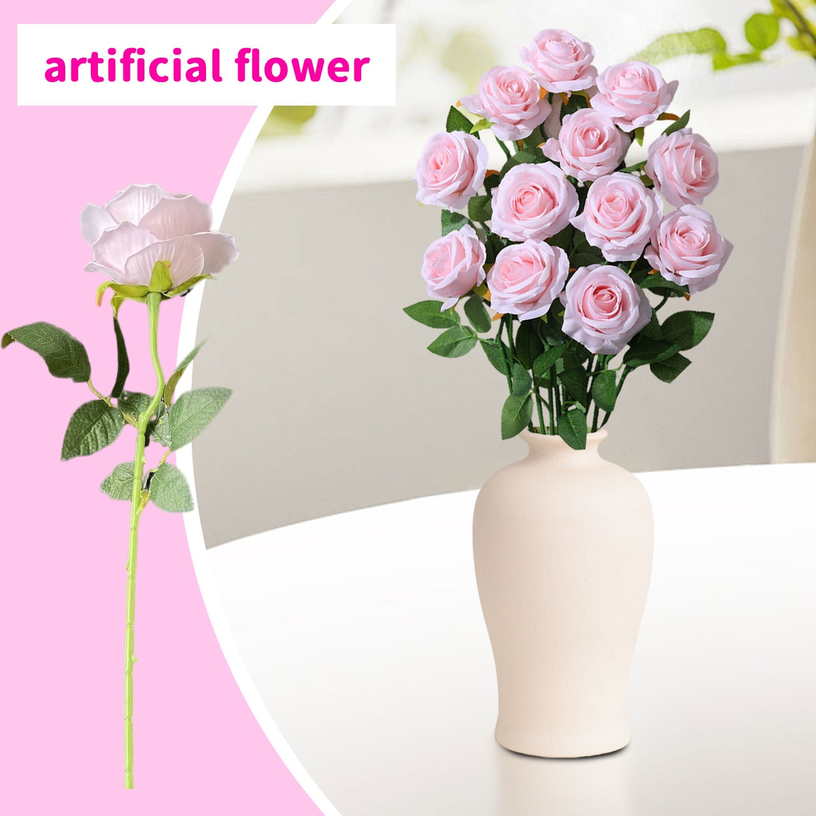 Moonsky 12pcs Pink Artificial Rose Light Artificial Flowers Fake Roses ...