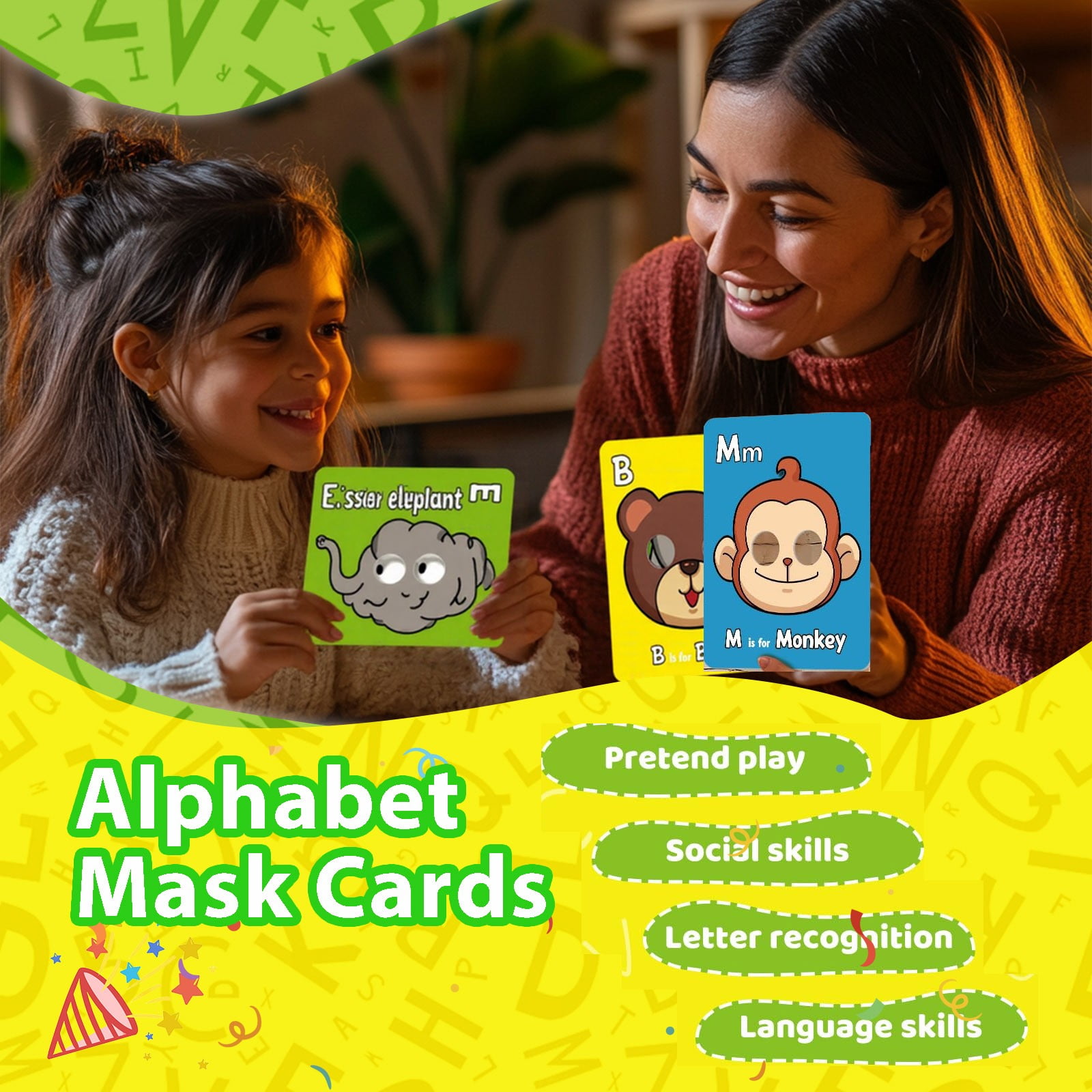 Moonsky Alphabet ABC Flash Cards with Animal Masks, 26 Pcs Animal mask ...