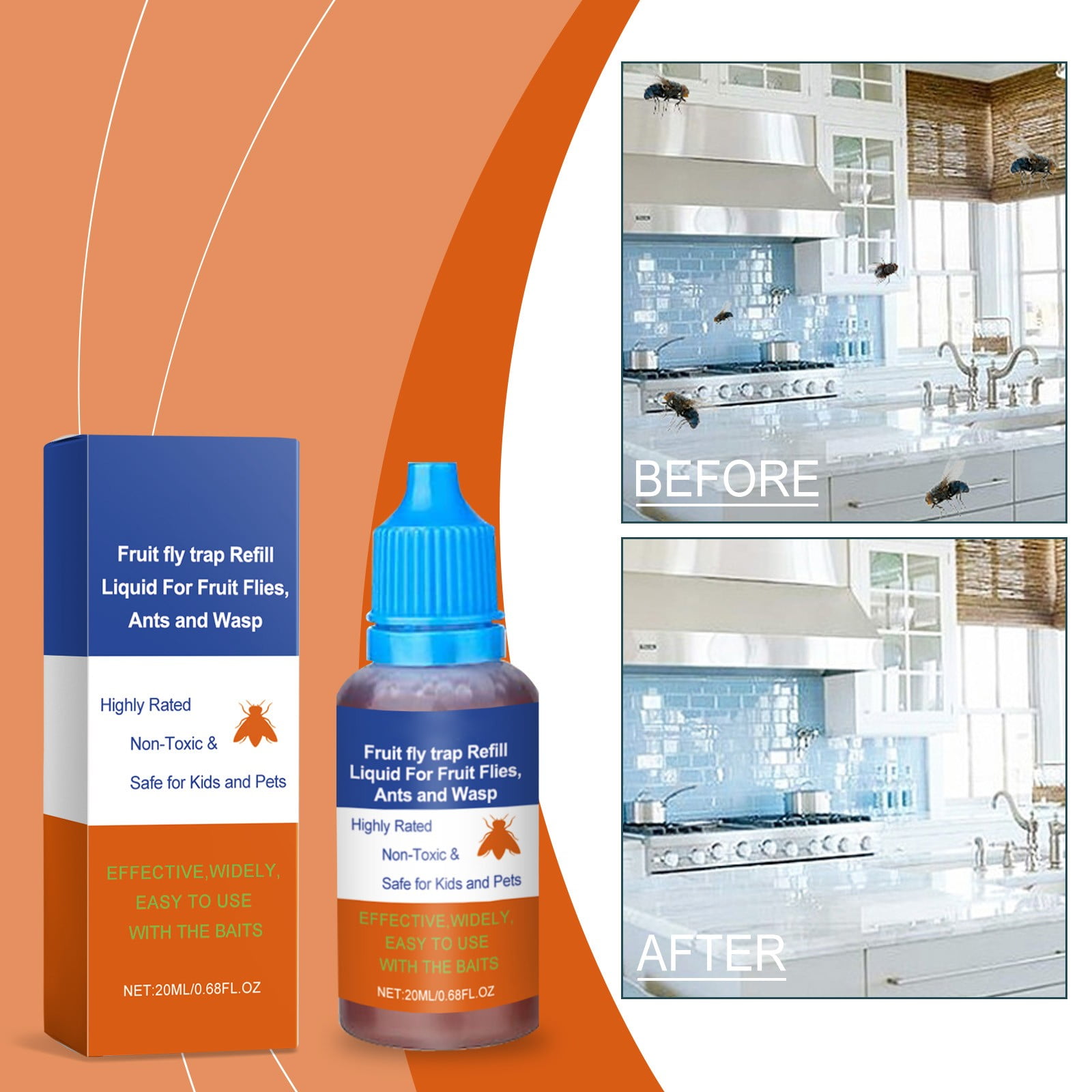 Moonspry Non-Toxic Fly Trap Refill Liquid, Effective for Fruit Flies Ants Wasps Safe for Kids ...