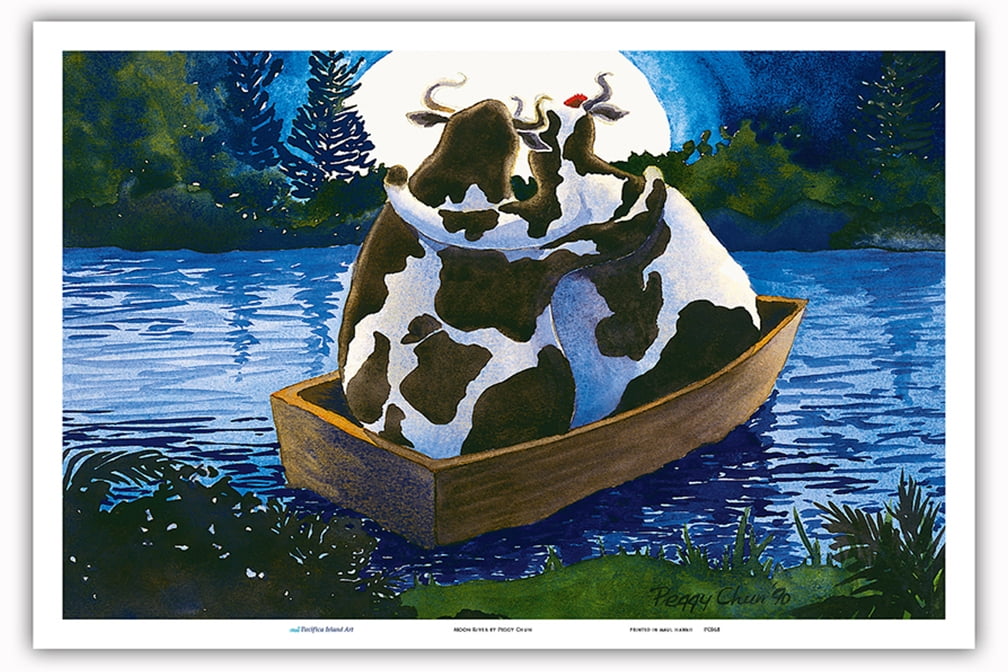 Moooon River - Two Hawaiian Cows in Love Gazing at Full Moon - From an ...