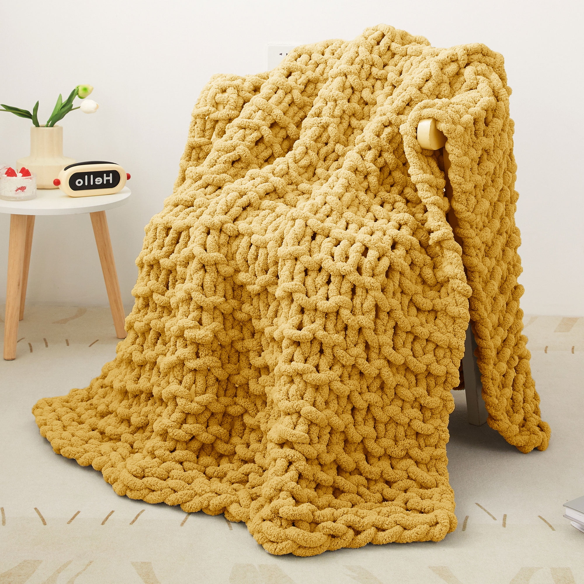 Mooreeke Chunky Knit Blanket 40"x50" Mustard Yellow Soft Washable ...