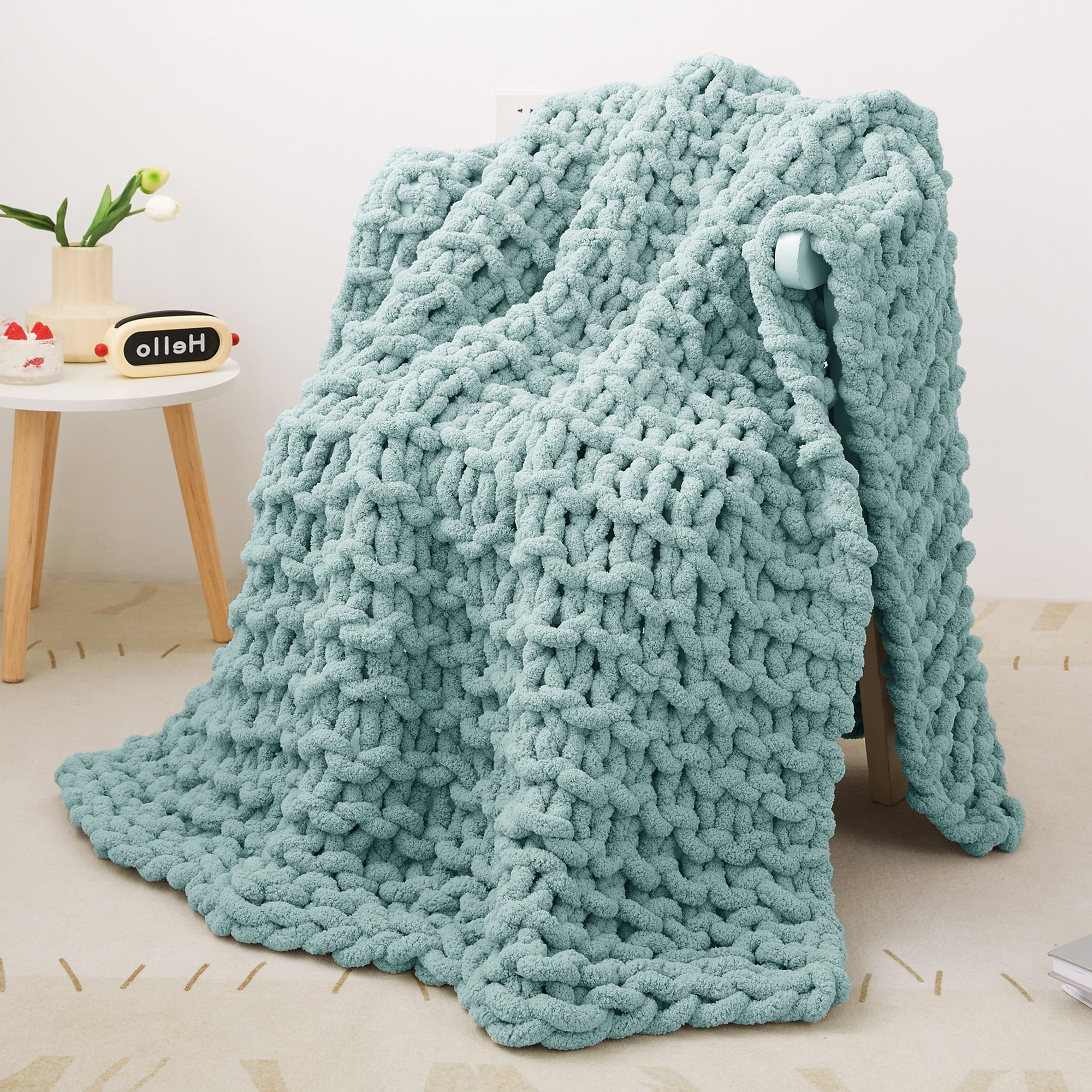 Mooreeke Chunky Knit Blanket 50"x60" Aqua Blue Soft Washable Chenille ...