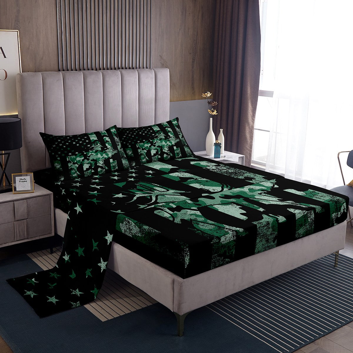 Moose Bed Sheets Queen Elk Deer American Flag Sheet Set,Military Green ...