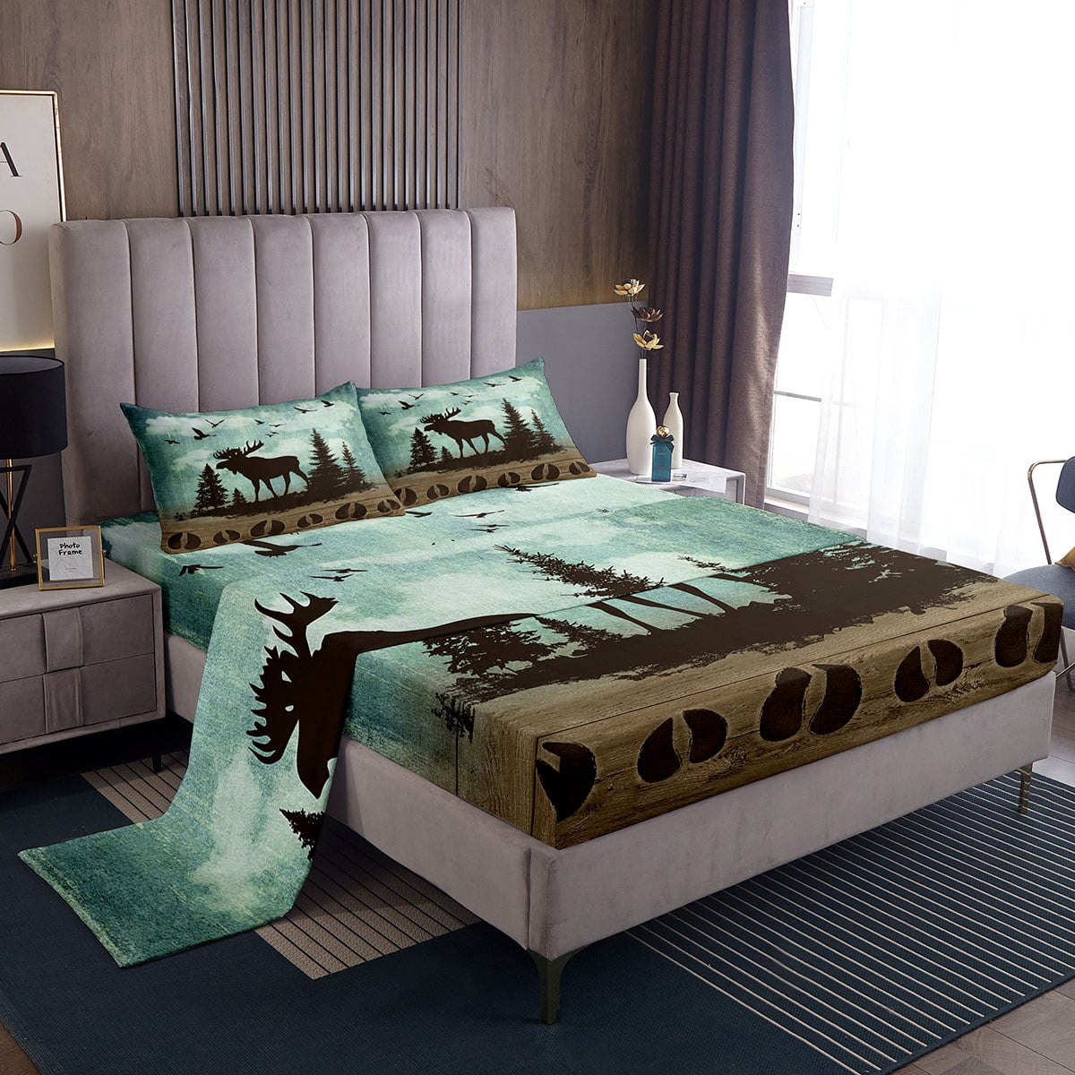 Moose Bed Sheets Set Rustic Pine Trees Queen Sheet Set for Boys ...