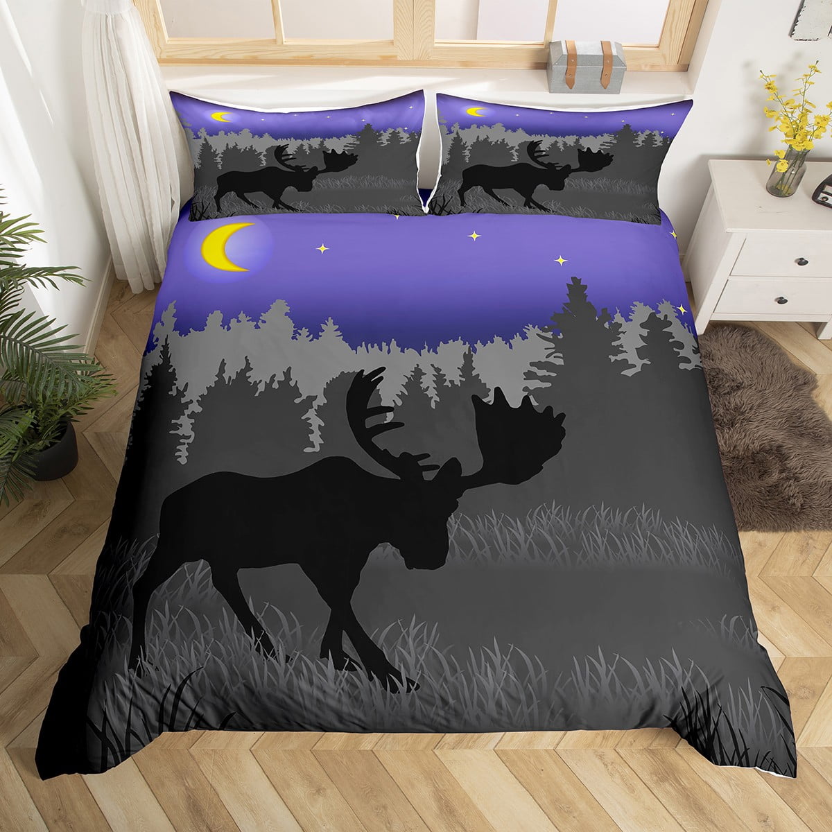 Moose Bedding Set Elk Deer Silhouette Dark Shadows Comforter Cover ...