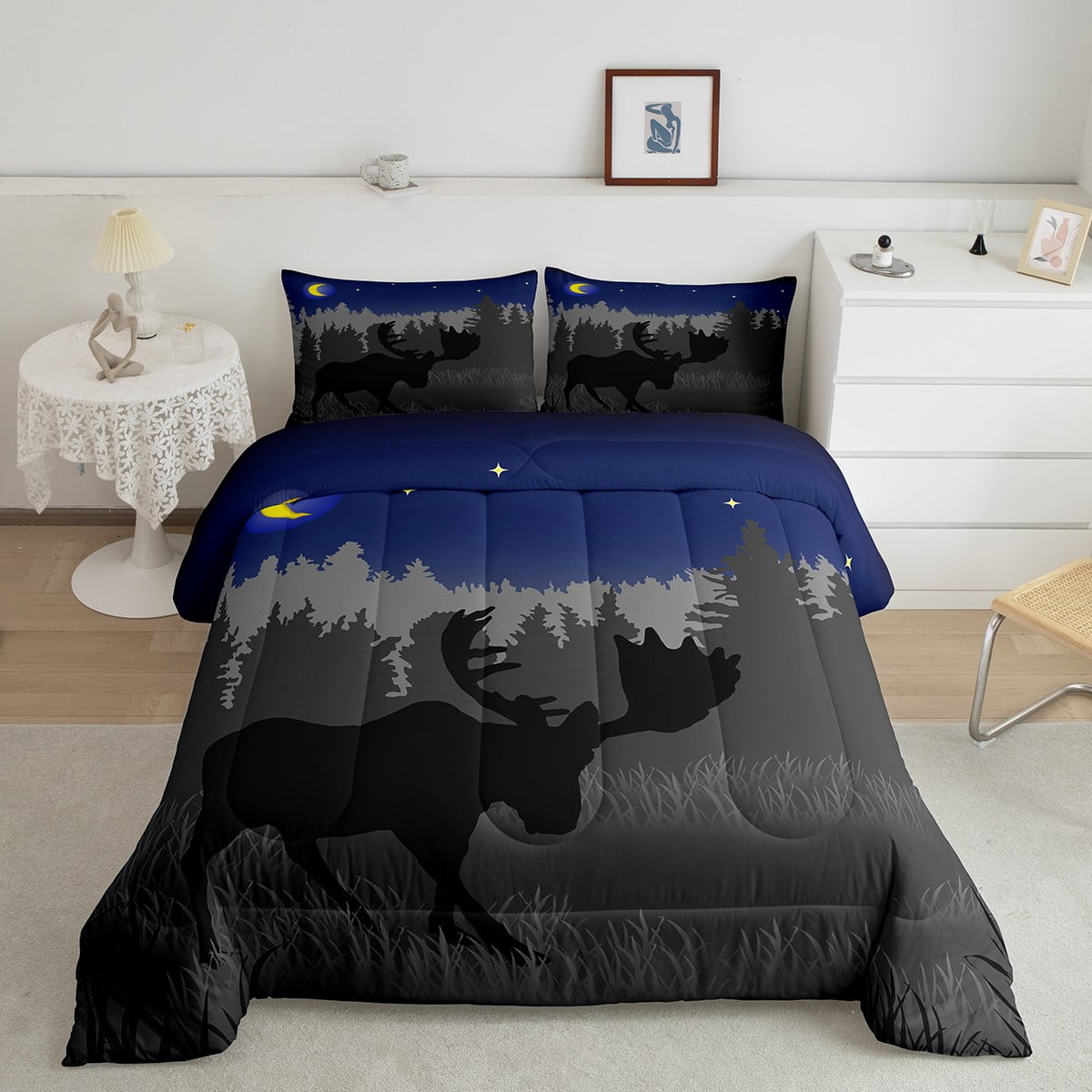 Moose Bedding Set Elk Deer Silhouette Dark Shadows Quilt,Blue Galaxy ...