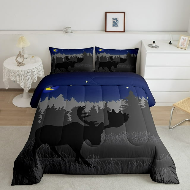 Moose Bedding Set Elk Deer Silhouette Dark Shadows Quilt,Blue Galaxy ...