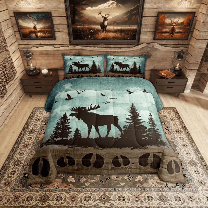 Moose Bedding Set Rustic Pine Trees King Comforter Set ,Woodland ...