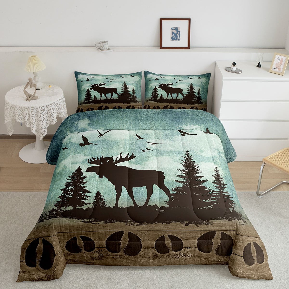 Moose Bedding Set Rustic Pine Trees King Comforter Set ,Woodland ...