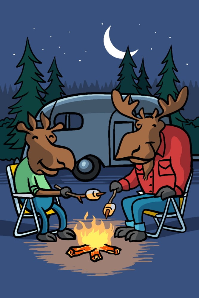 Moose Campout, Mid-Century Inspired, Campfire (12x18 Wall Art Poster ...