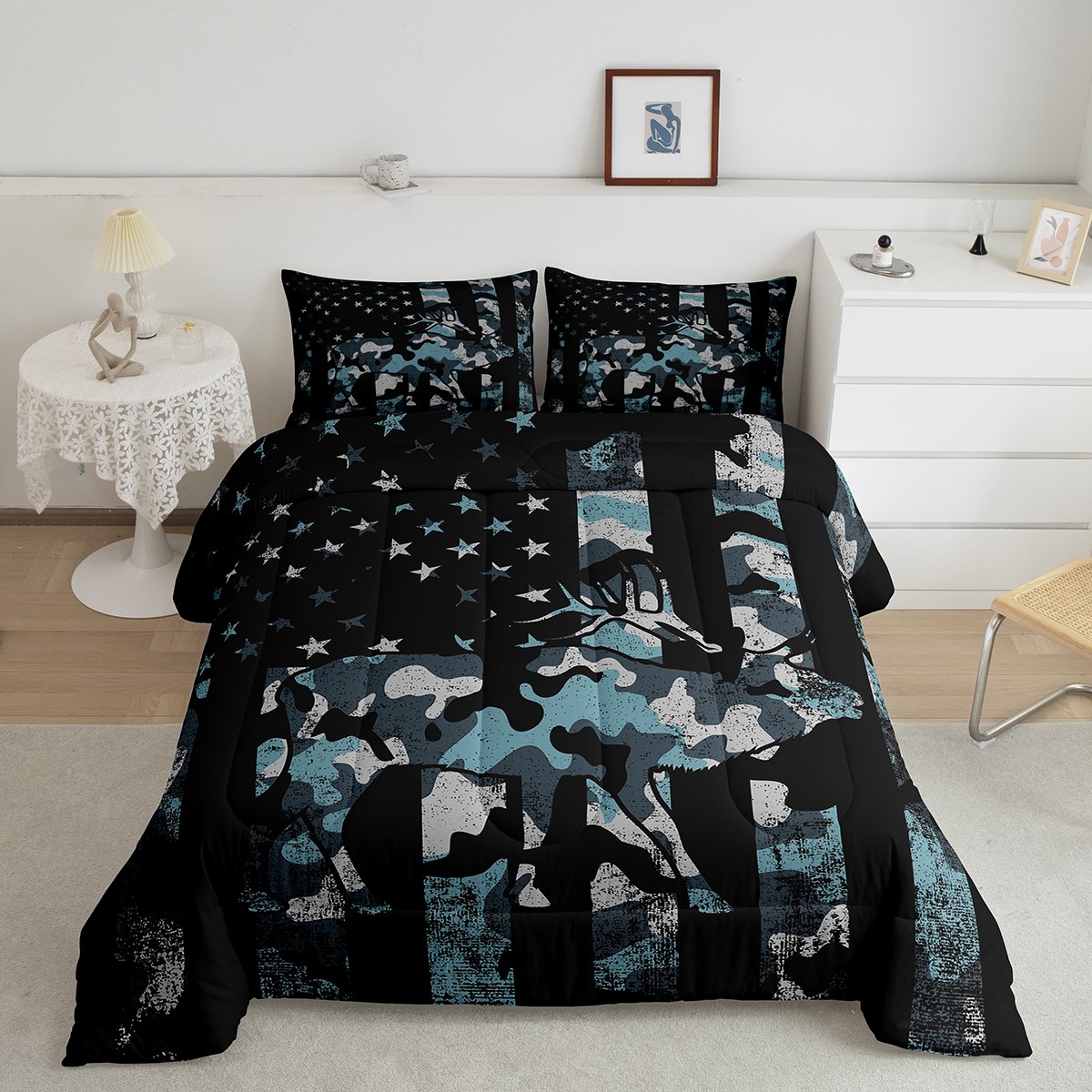 Moose Comforter Set Queen Elk Deer American Flag Bedding Set,Ceil Blue ...