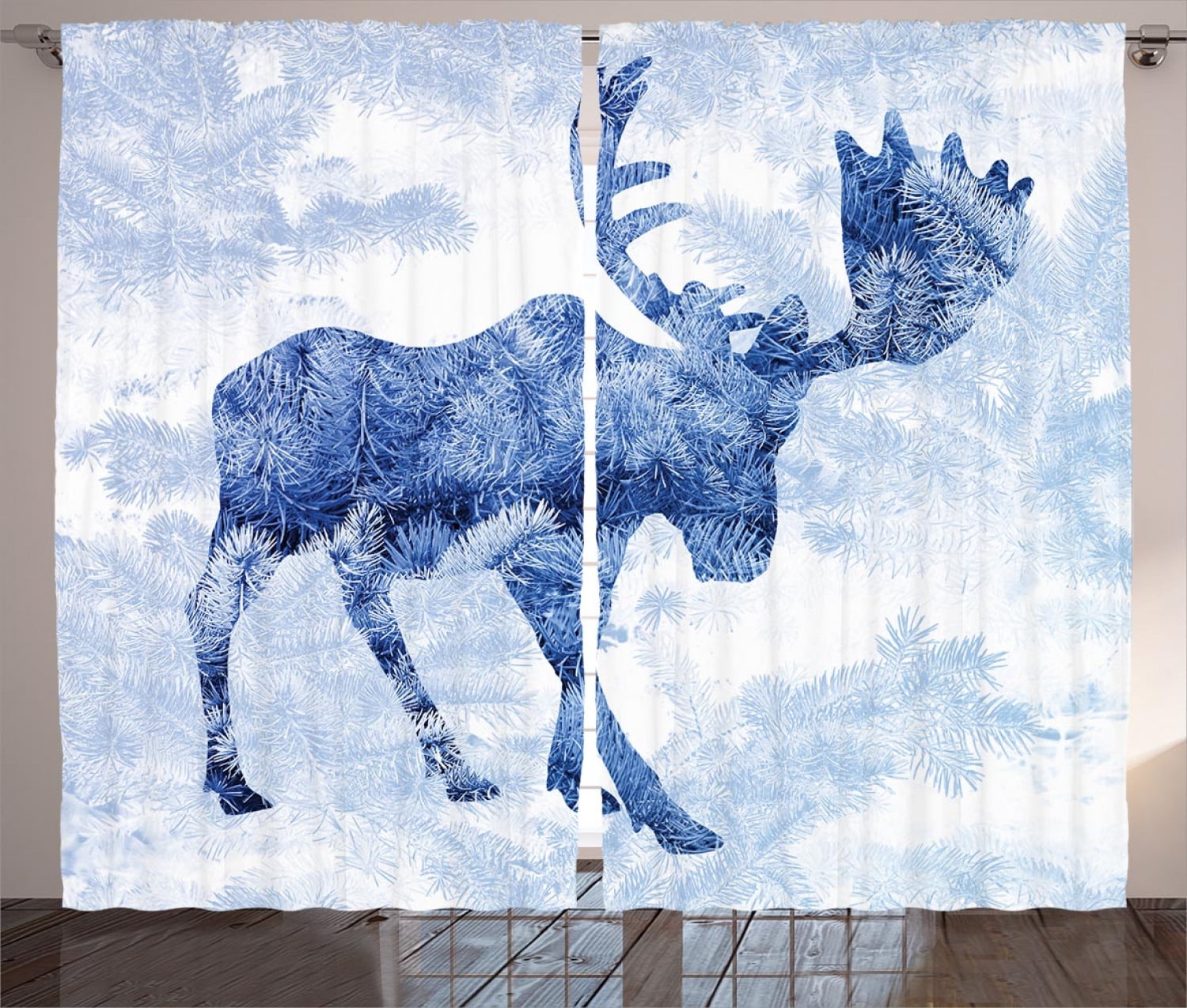 Ambesonne Moose Curtains 2 Panel Set, Blue Winter Antlers Tree, 108" x ...