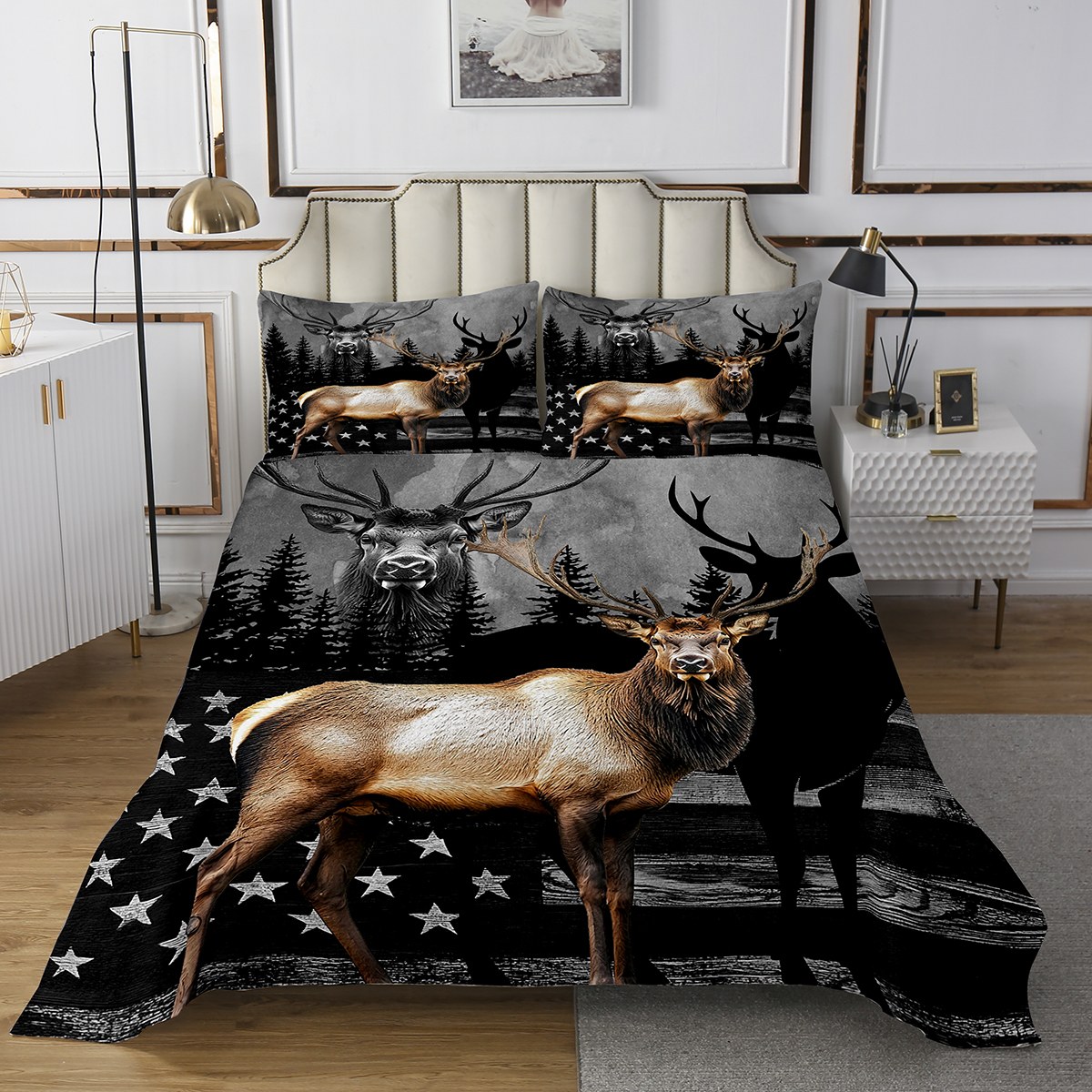 Moose Deer Bedspread Quilt,Lodge Wildlife Jungle Animal Hunting Bedding ...