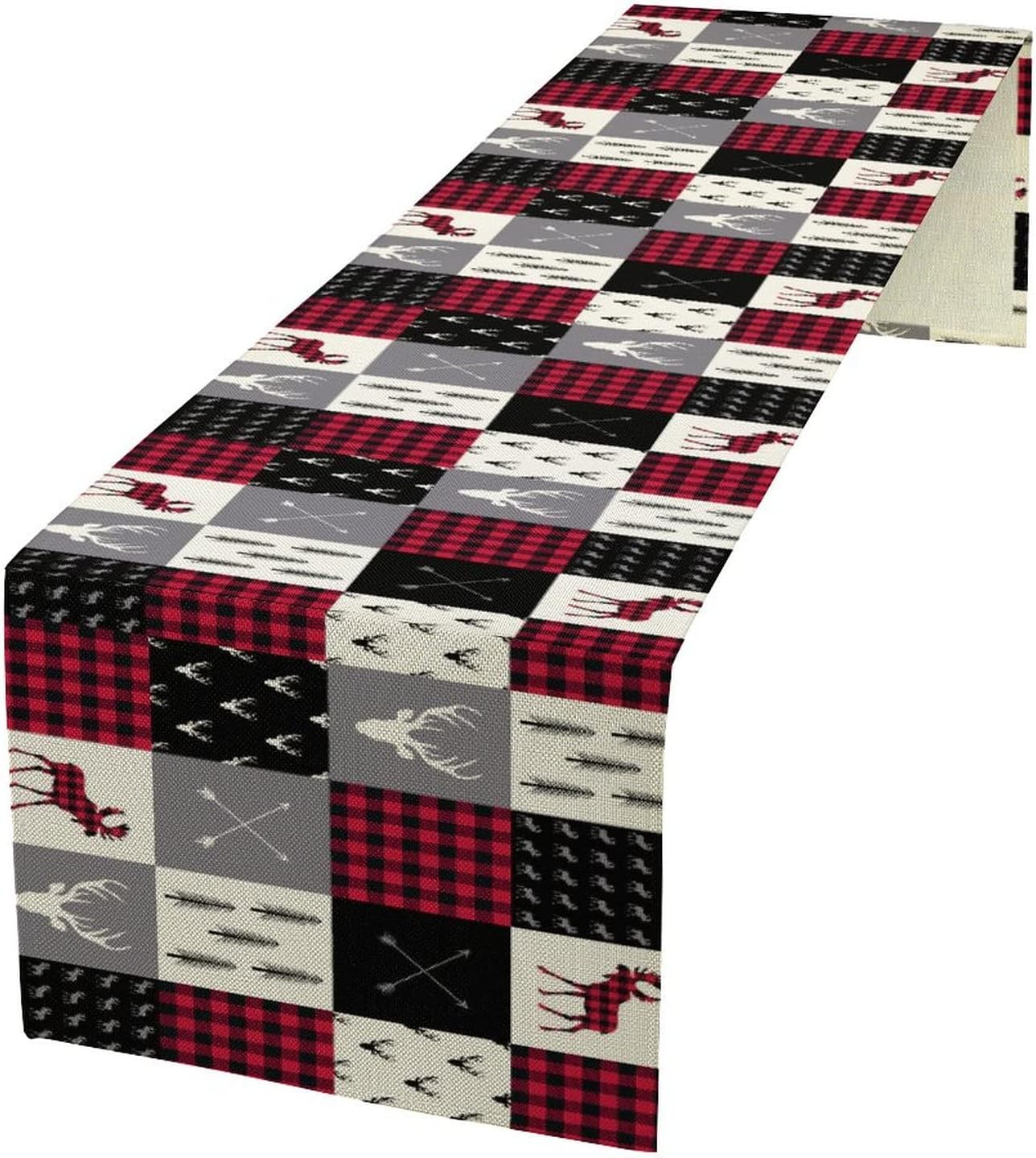 Moose Deer Buffalo Plaid Table Runner, Vintage Pine Tree Elk Patchwork ...