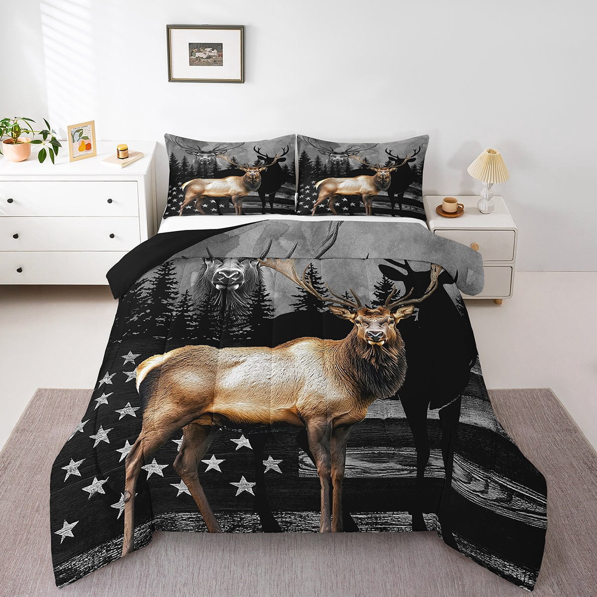 Moose Deer Comforter Set Queen Size 3 Pcs,Lodge Wildlife Jungle Animal ...