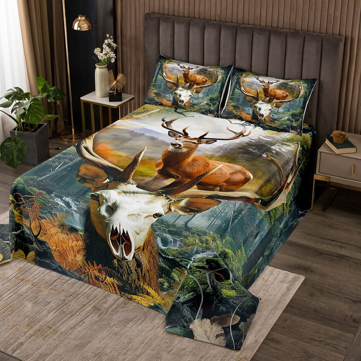 Moose Deer Queen Bedspread Set Hunting Theme Quilt Set, Mystic Jungle ...
