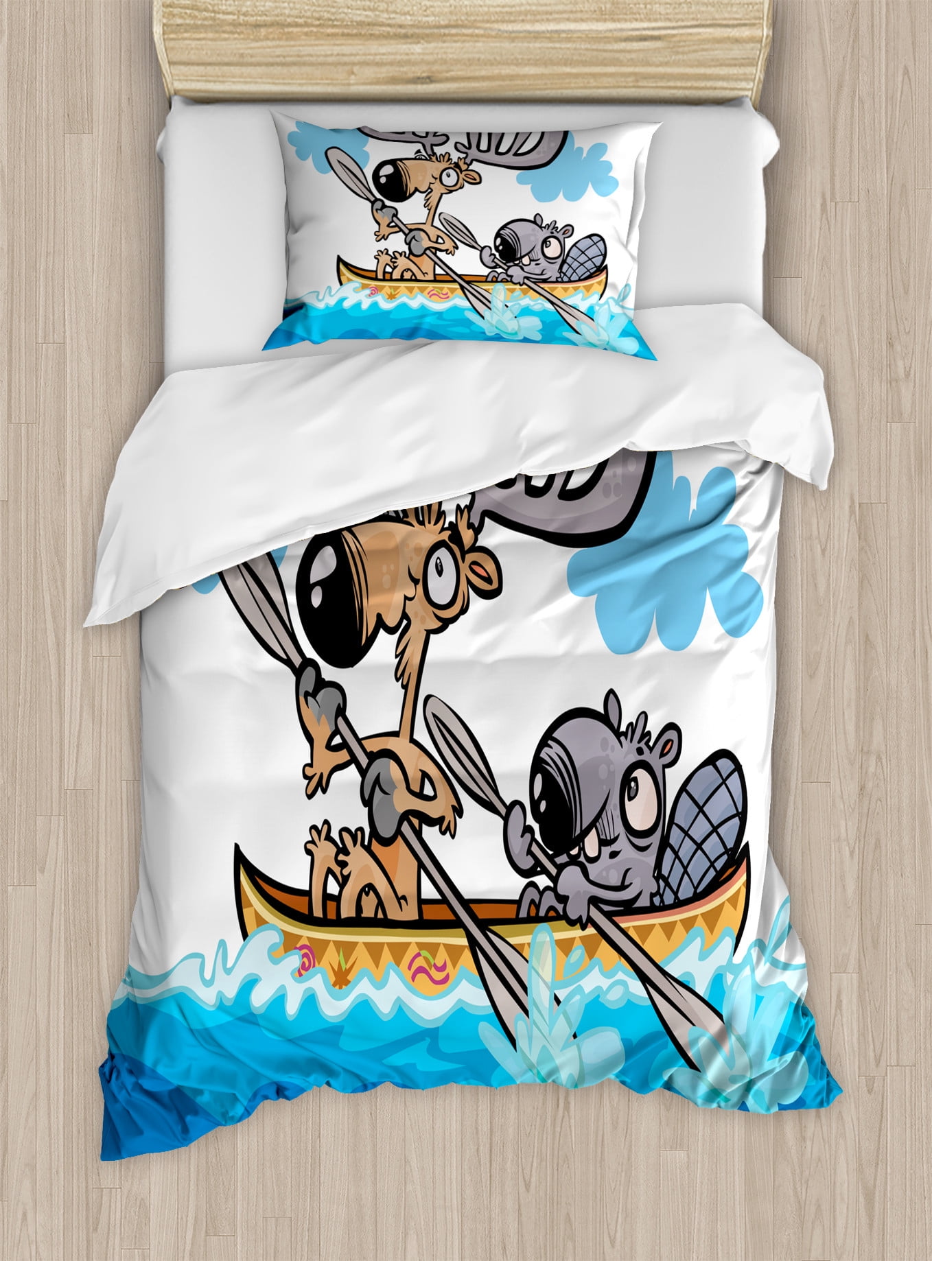 Moose Duvet Cover Set, American Animals Boat Beaver Friend Canoe River ...