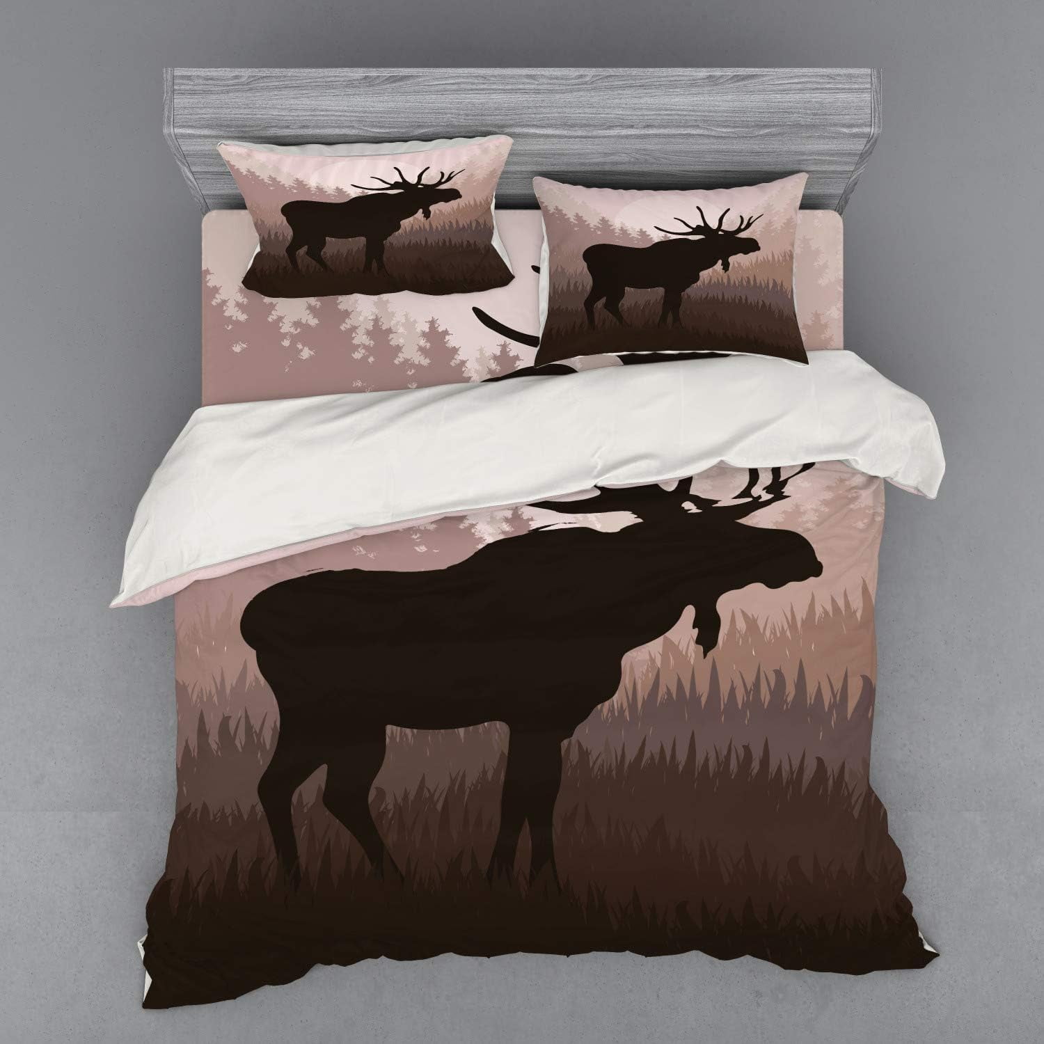 Moose Duvet Cover Set, Animated Moose Silhouette in Wild Nature Botany ...
