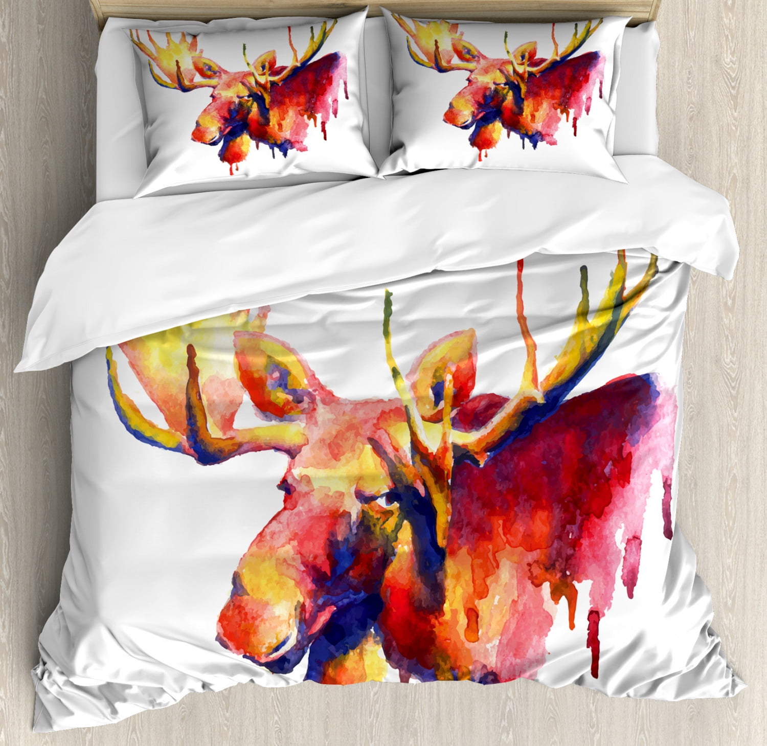 Moose Duvet Cover Set, Psychedelic Watercolor Paintbrush Style Vivid ...