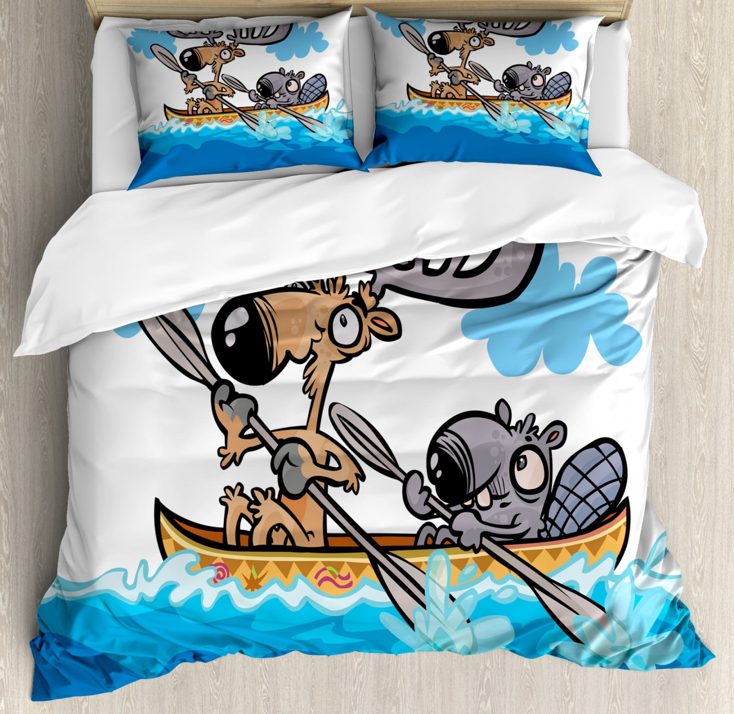 Moose Duvet Cover Set, American Animals Boat Beaver Friend Canoe River ...
