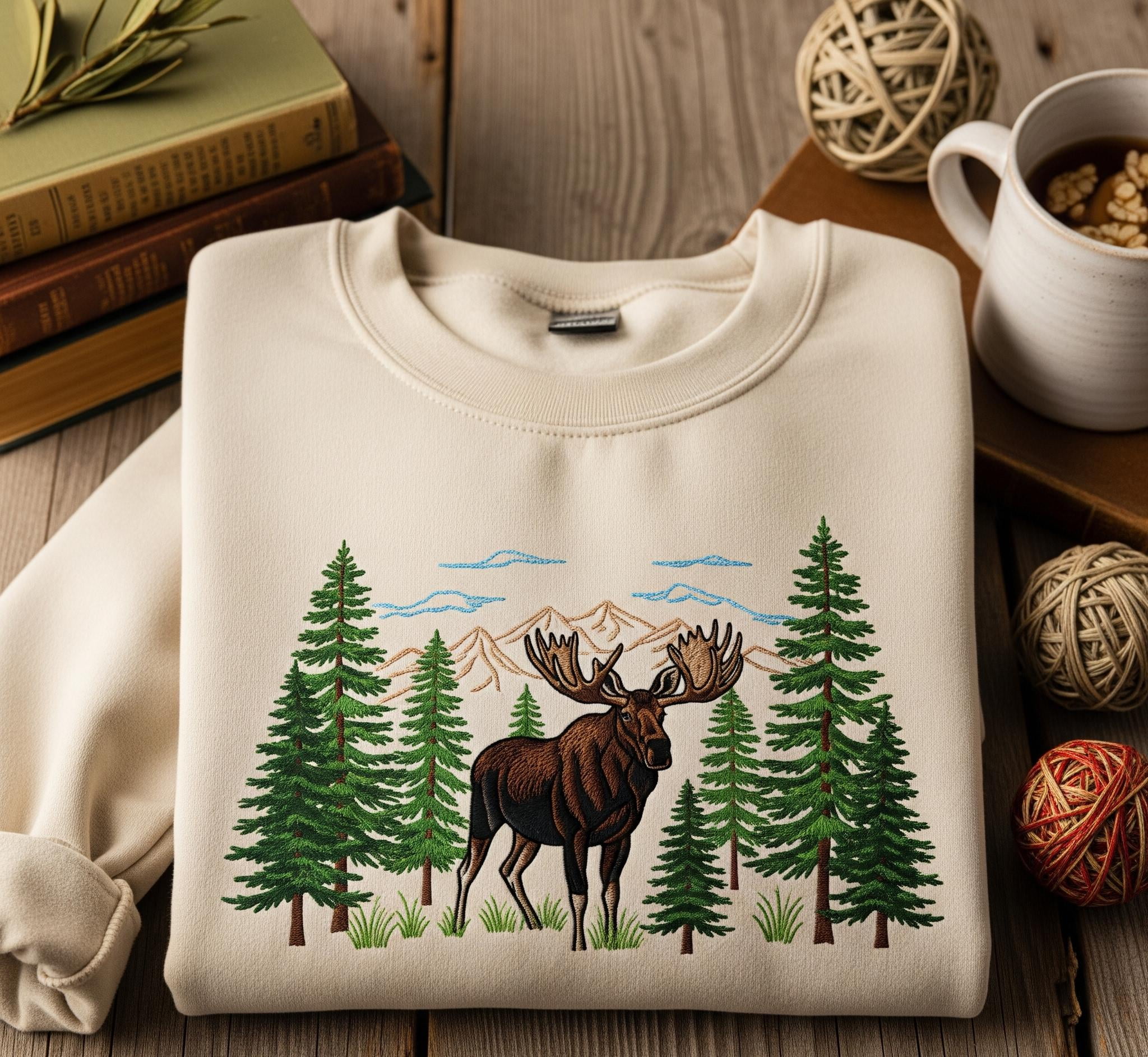 Moose Embroidered Sweatshirt – Wildlife Forest Pullover, Cozy Woodland ...