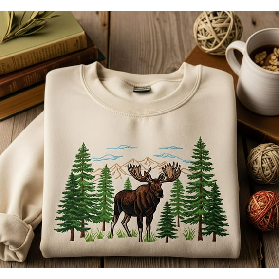 Moose Embroidered Sweatshirt – Wildlife Forest Pullover, Cozy Woodland ...