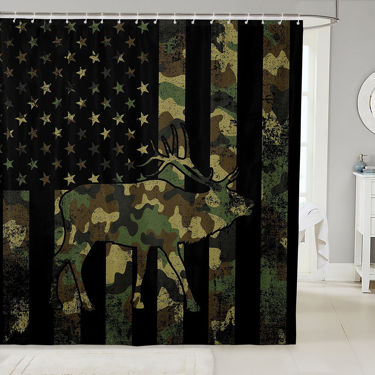 Moose Fabric Shower Curtain Elk Deer American Flag Bath Curtain,Army ...