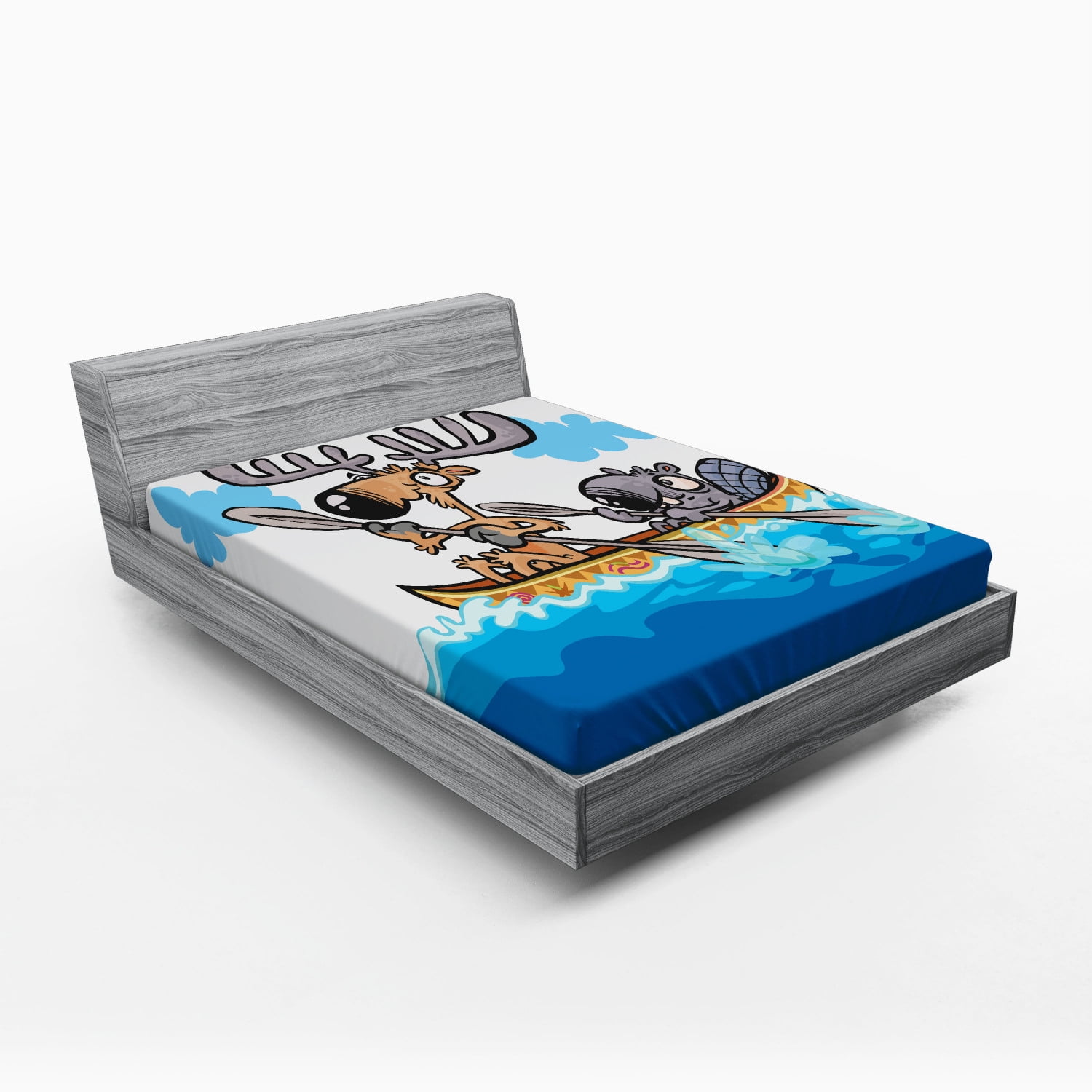 Moose Fitted Sheet, American Animals Boat Beaver Friend Canoe River Fun ...