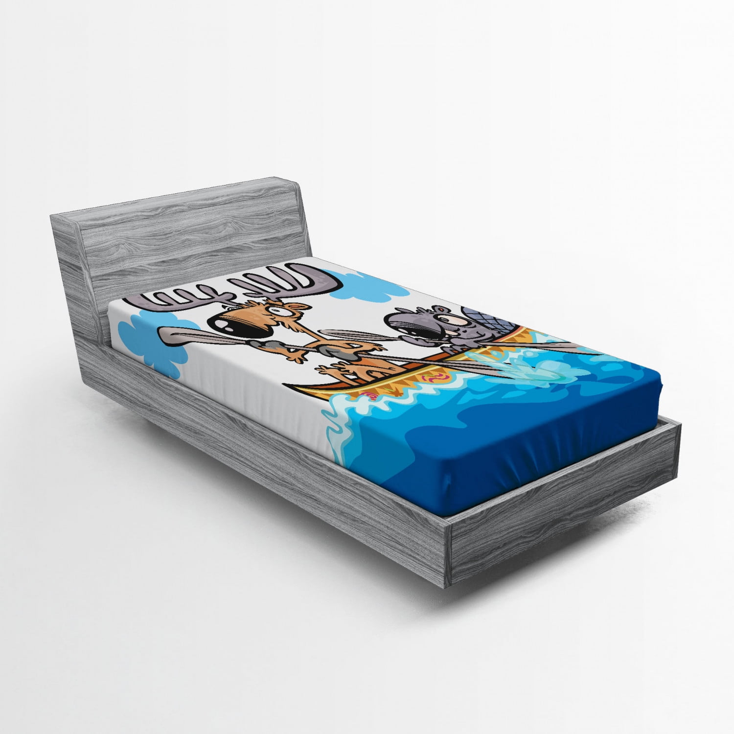 Moose Fitted Sheet, American Animals Boat Beaver Friend Canoe River Fun ...