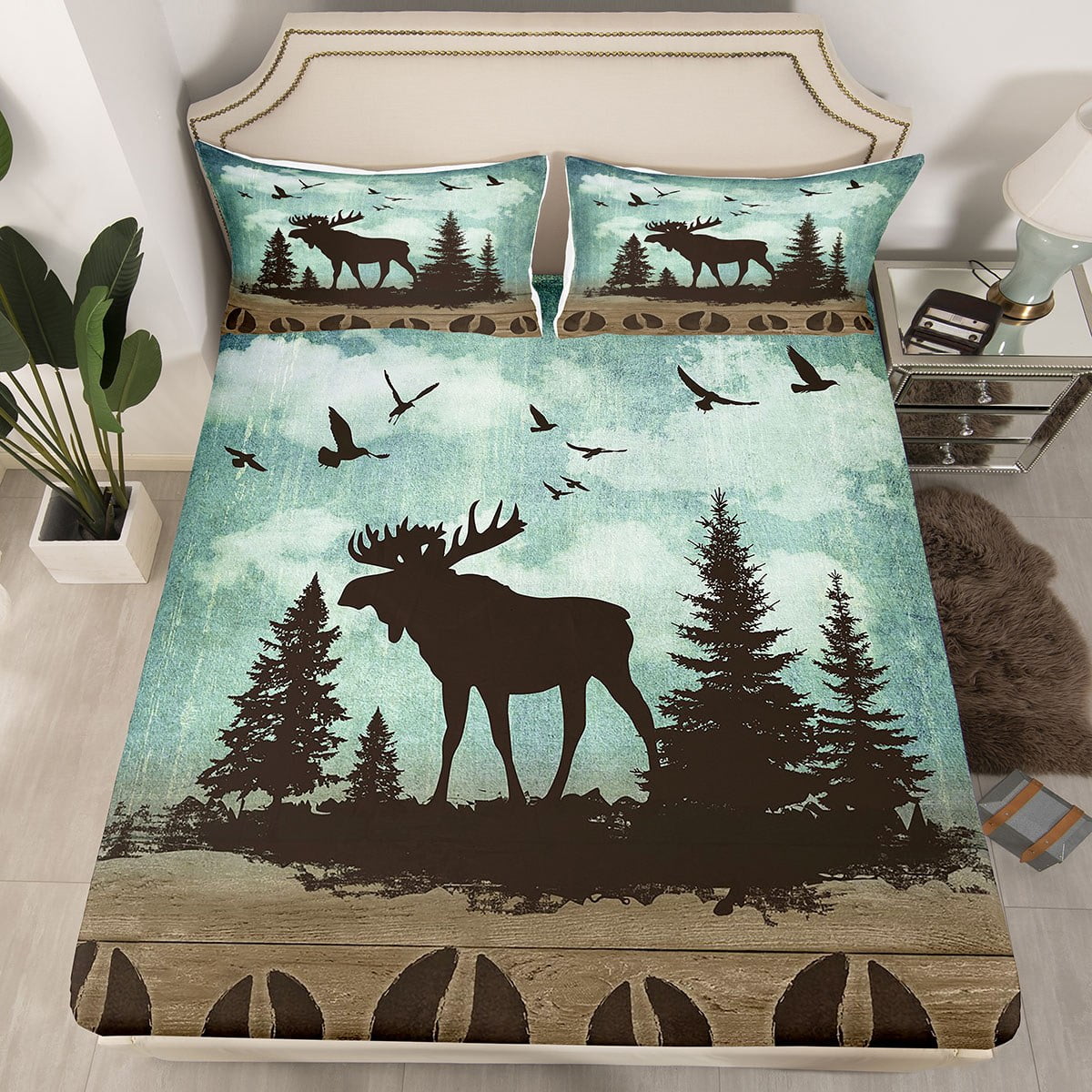 Moose Fitted Sheet Rustic Pine Trees Twin Bed Sheets ,Woodland Animals ...