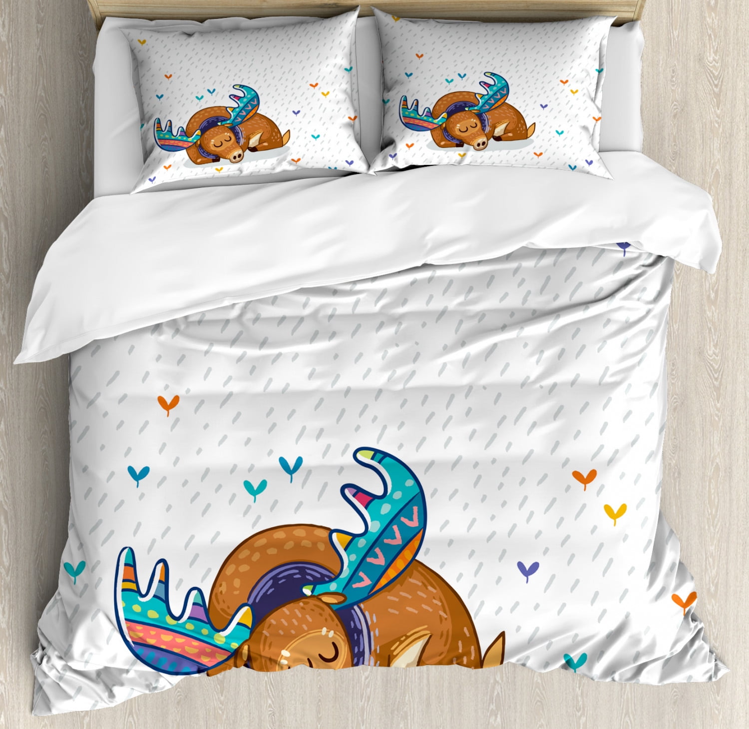 Moose King Size Duvet Cover Set, Colorful Antlers Boho Deer Retro Artsy ...